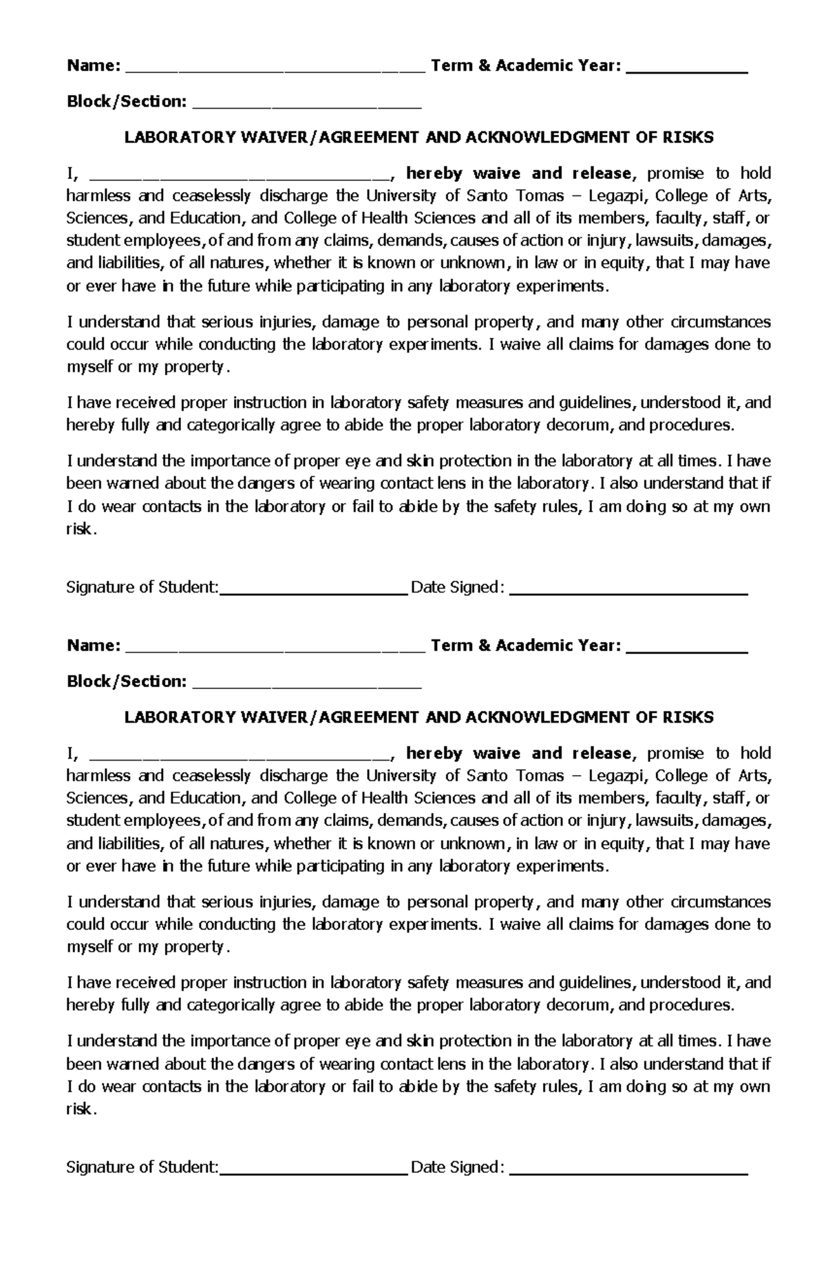 Lab Waiver Agreement Acknowledgement of Risks - Name ...