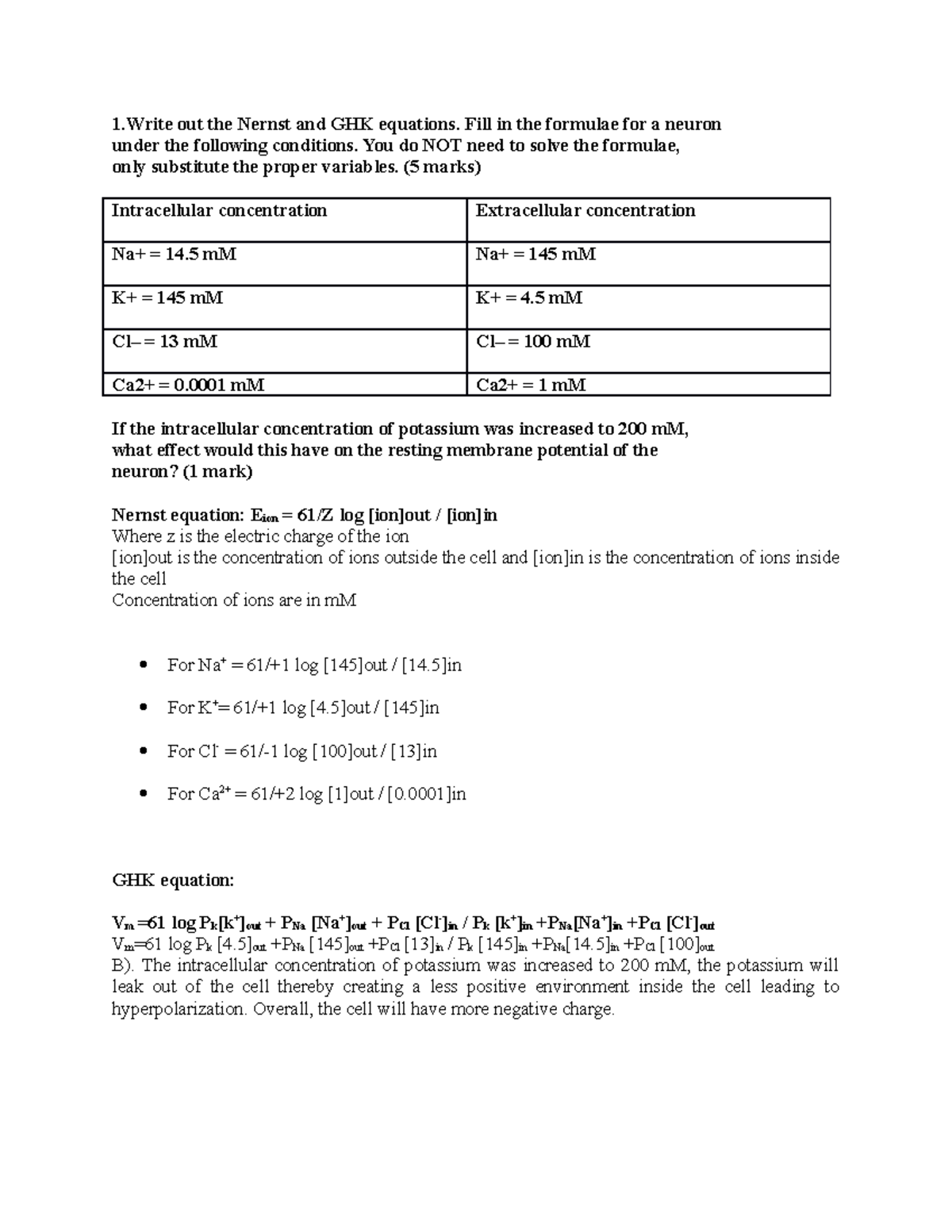 Human Physiology Assignment 2 - 1 out the Nernst and GHK equations ...