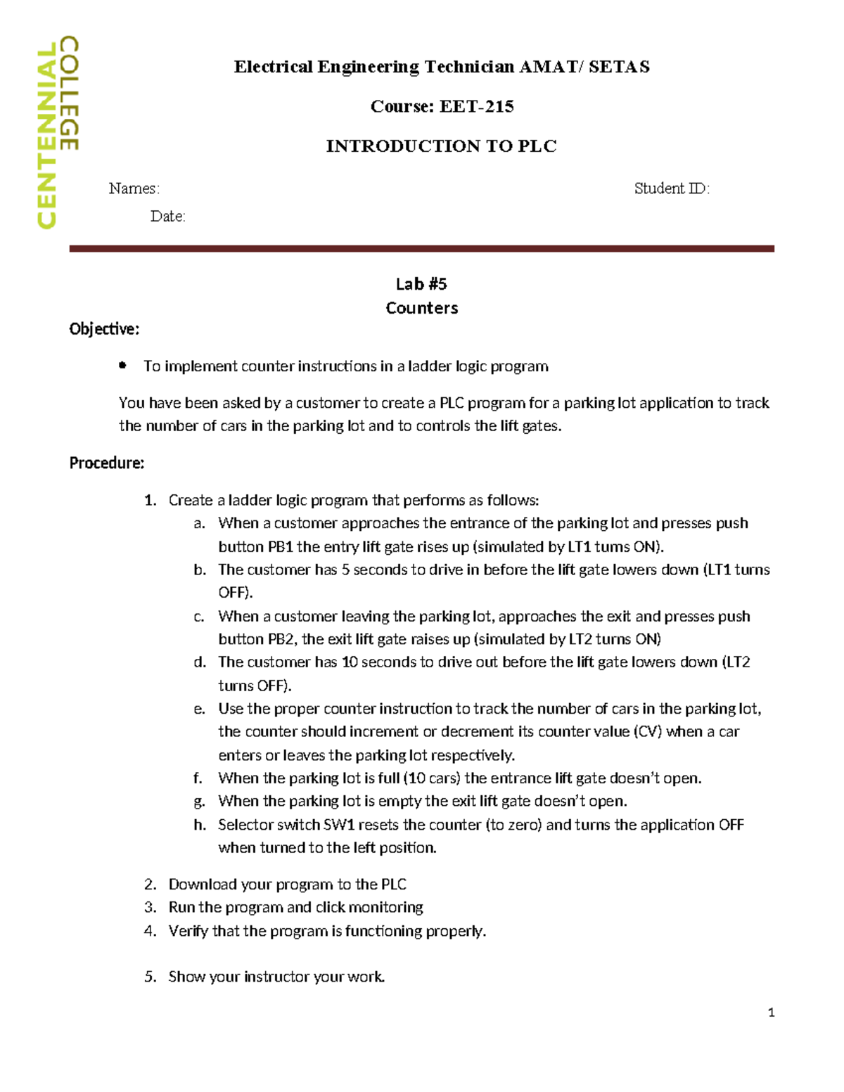 EET215 F23 Lab 5 Counters - Electrical Engineering Technician AMAT/ SETAS Course: EET ...
