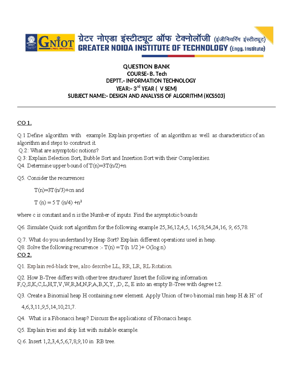 KCS 503 Question BANK - QUESTION BANK COURSE- B. Tech DEPTT ...