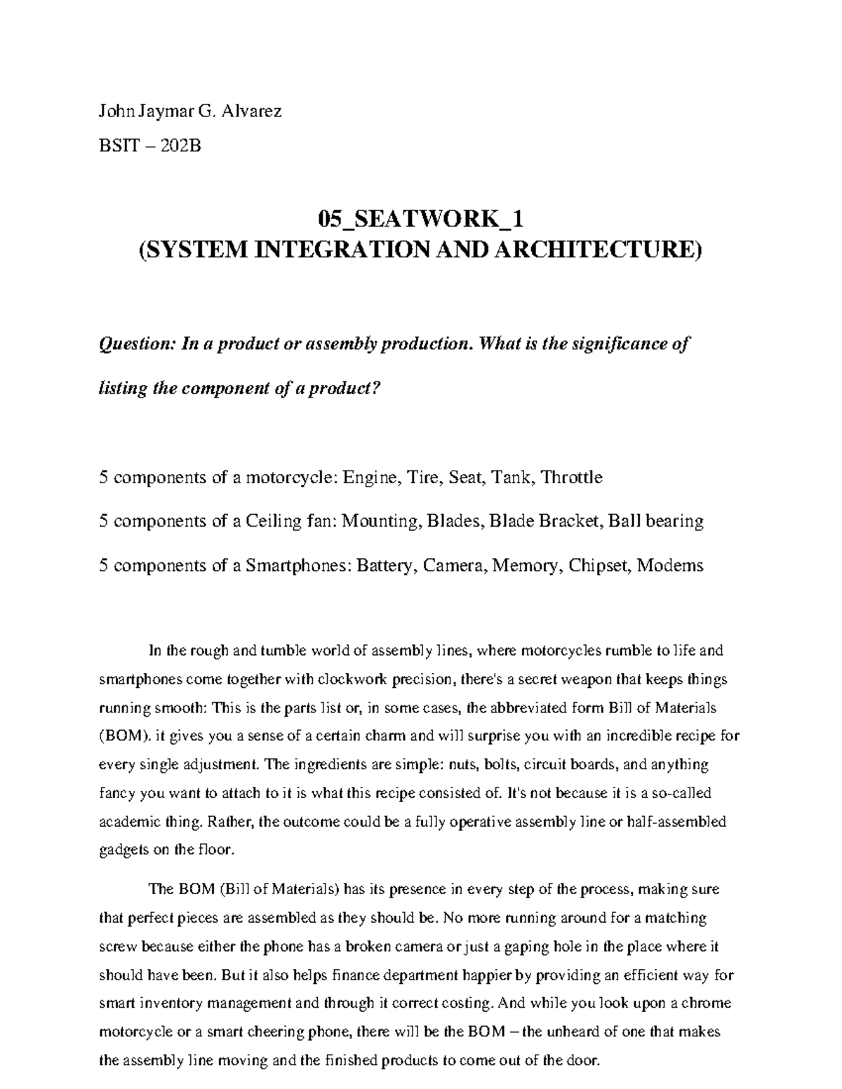 05 Seatwork 1 - SI&A - Alvarez - John Jaymar G. Alvarez BSIT – 202B 05 ...