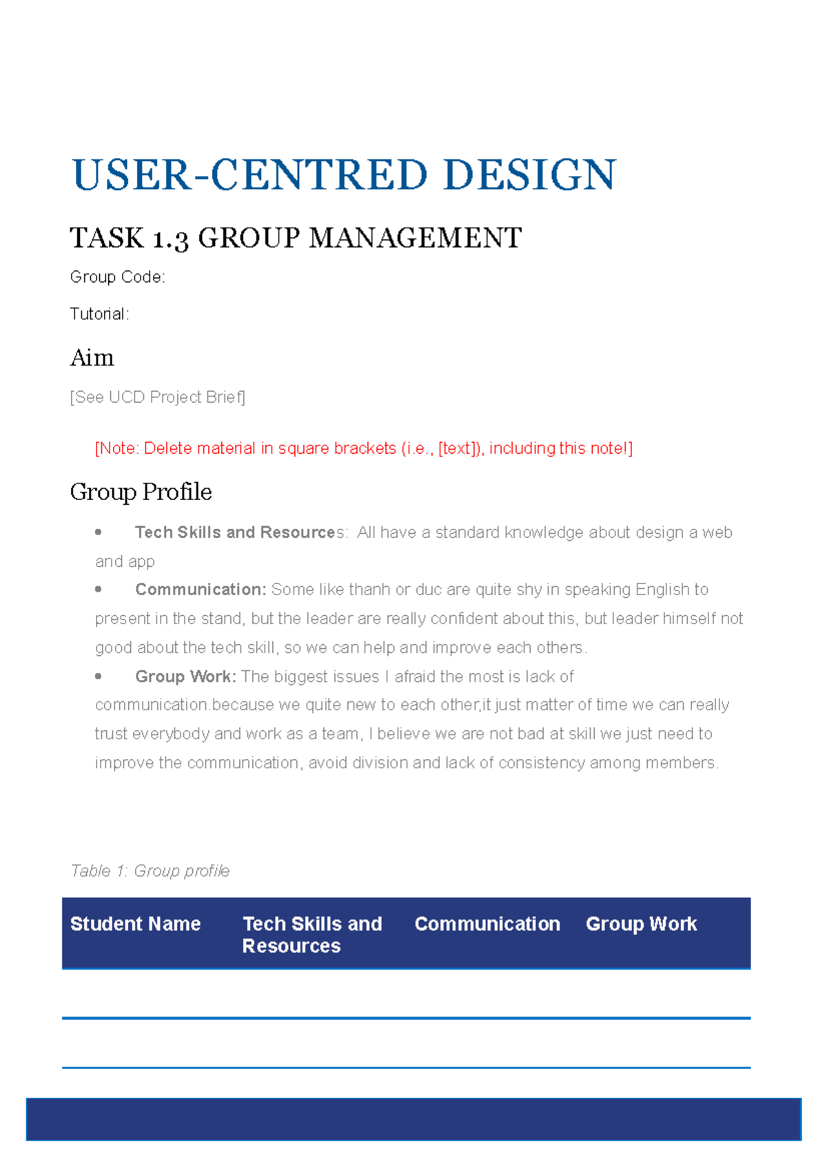 UCD 1.3 Group Management Template - USER-CENTRED DESIGN TASK 1 GROUP ...