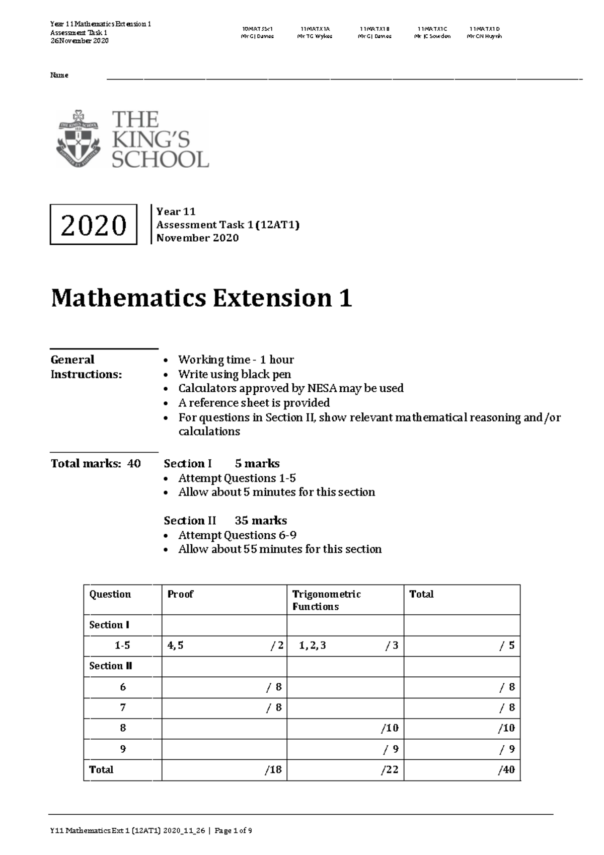 Y11 Ext1 12AT1 2020 w solns (1) - Year 11 Mathematics Extension 1 ...