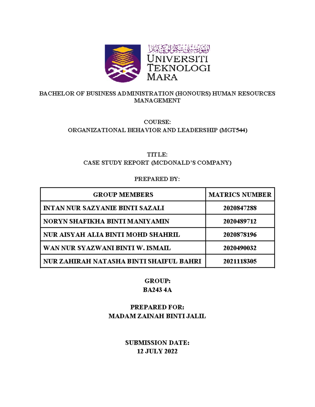 MGT544 Case Study - BACHELOR OF BUSINESS ADMINISTRATION (HONOURS) HUMAN RESOURCES MANAGEMENT ...