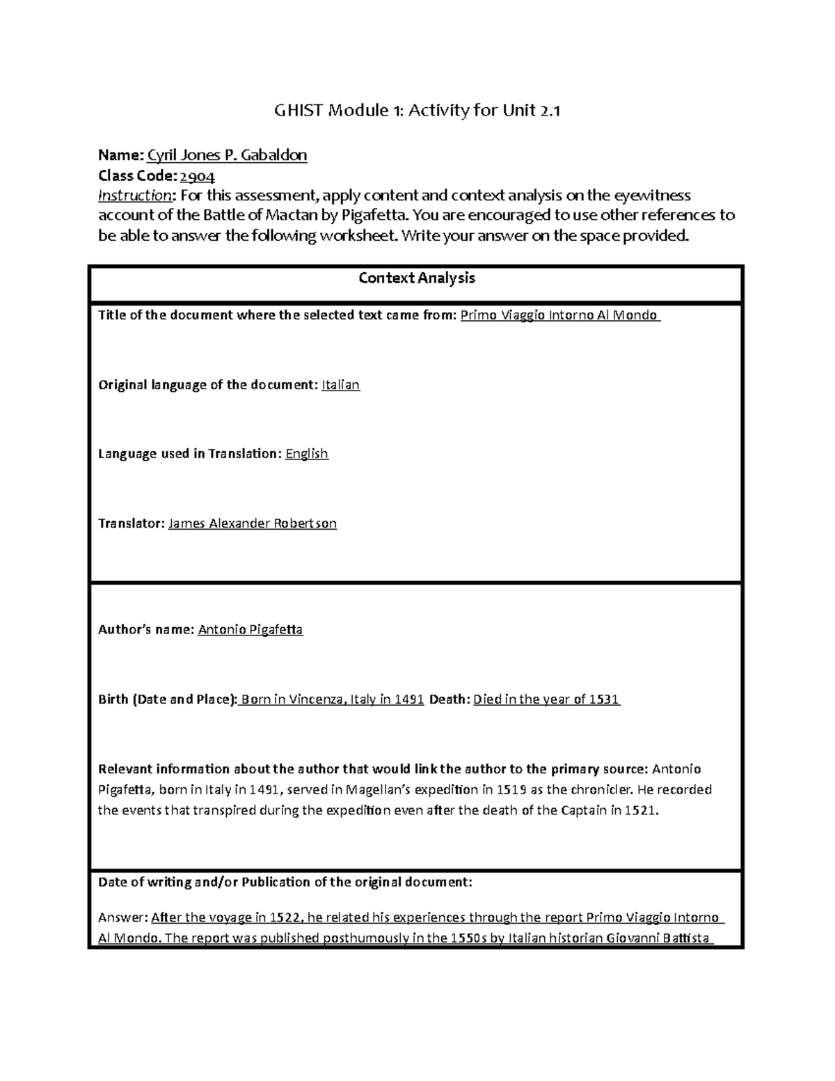 Ghist Module 1 unit 2 - GHIST Module 1: Activity for Unit 2. Name: Cyril Jones P. Gabaldon Class ...