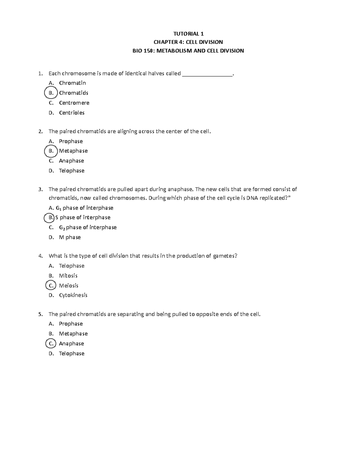 BIO 150 Chapter 4 Tutorial 1 - TUTORIAL 1 CHAPTER 4: CELL DIVISION BIO ...