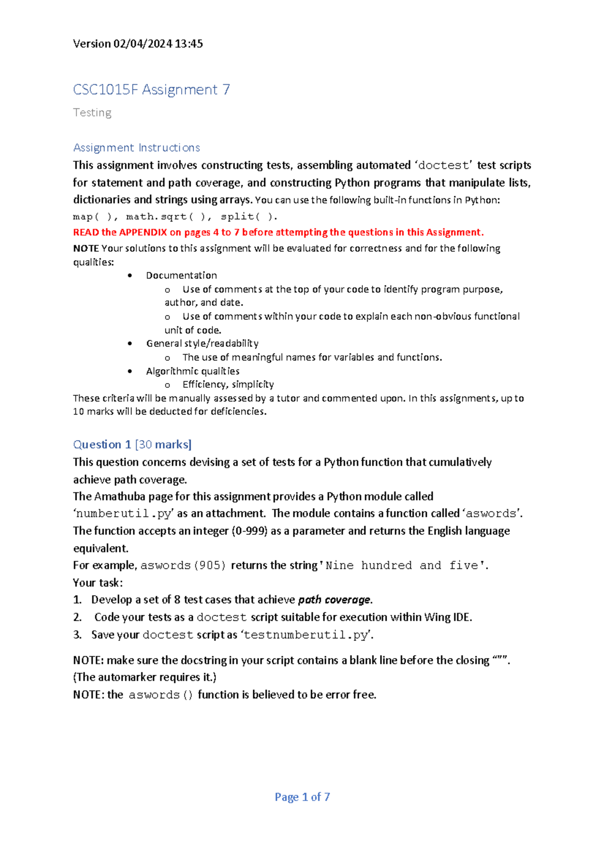 7. Testing - CSC1015F Assignment 7 Testing Assignment Instructions This ...