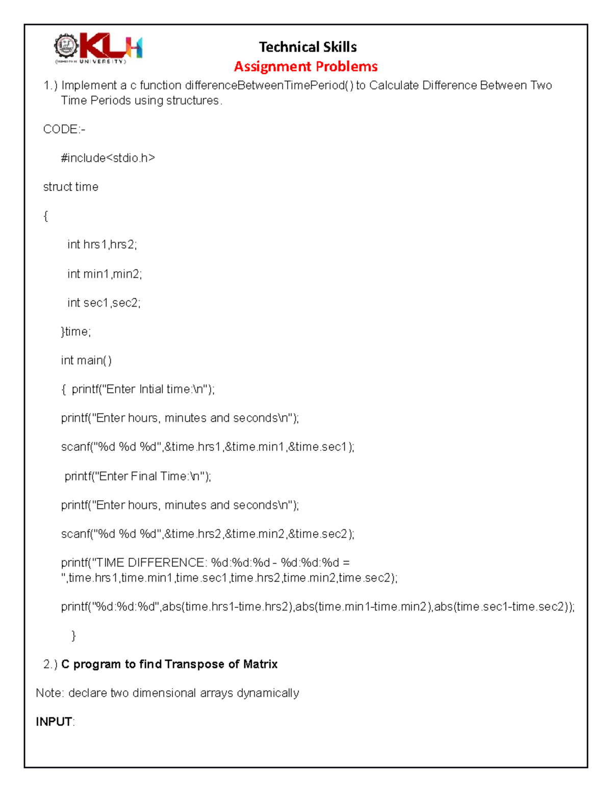 Assignement answers - good - Assignment Problems 1.) Implement a c function - Studocu
