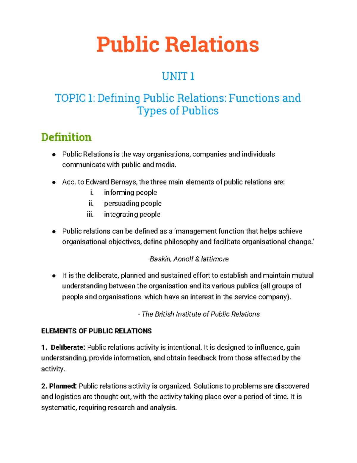 Management Theories Notes - Public Relations UNIT 1 TOPIC 1: Defining ...