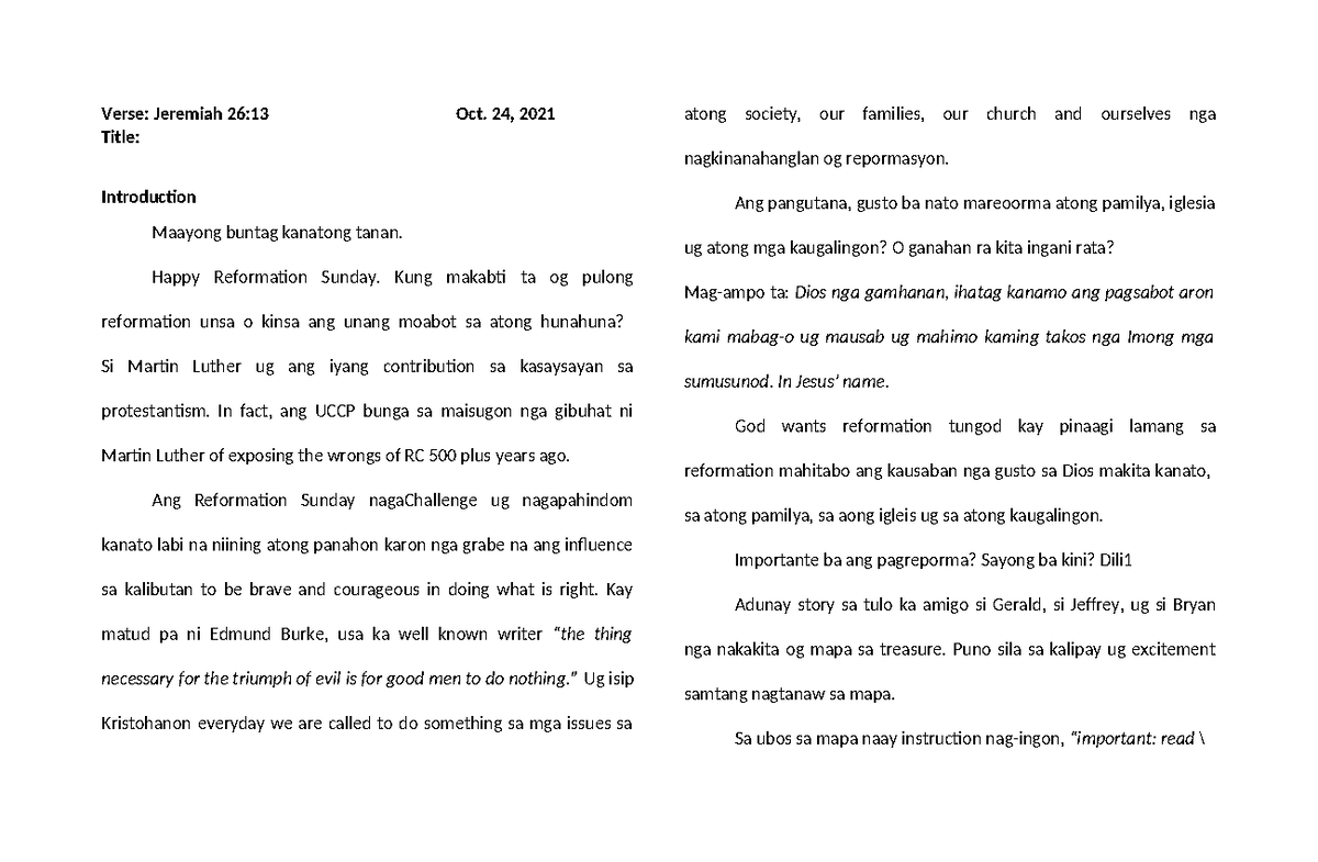 Reformation Sunday Sermon - Verse: Jeremiah 26:13 Oct. 24, 2021 Title ...