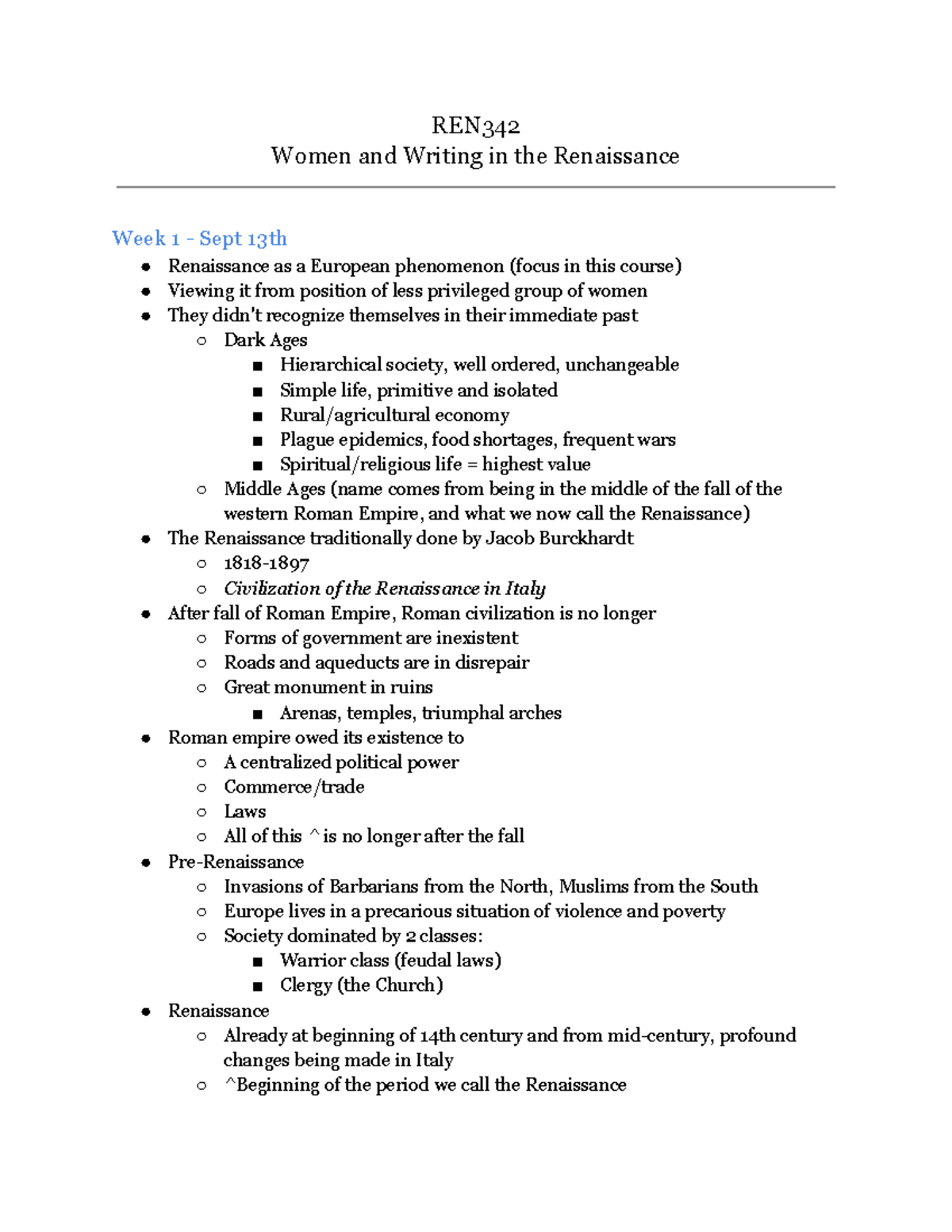 REN342 Lecture Notes - REN Women and Writing in the Renaissance Week 1 ...