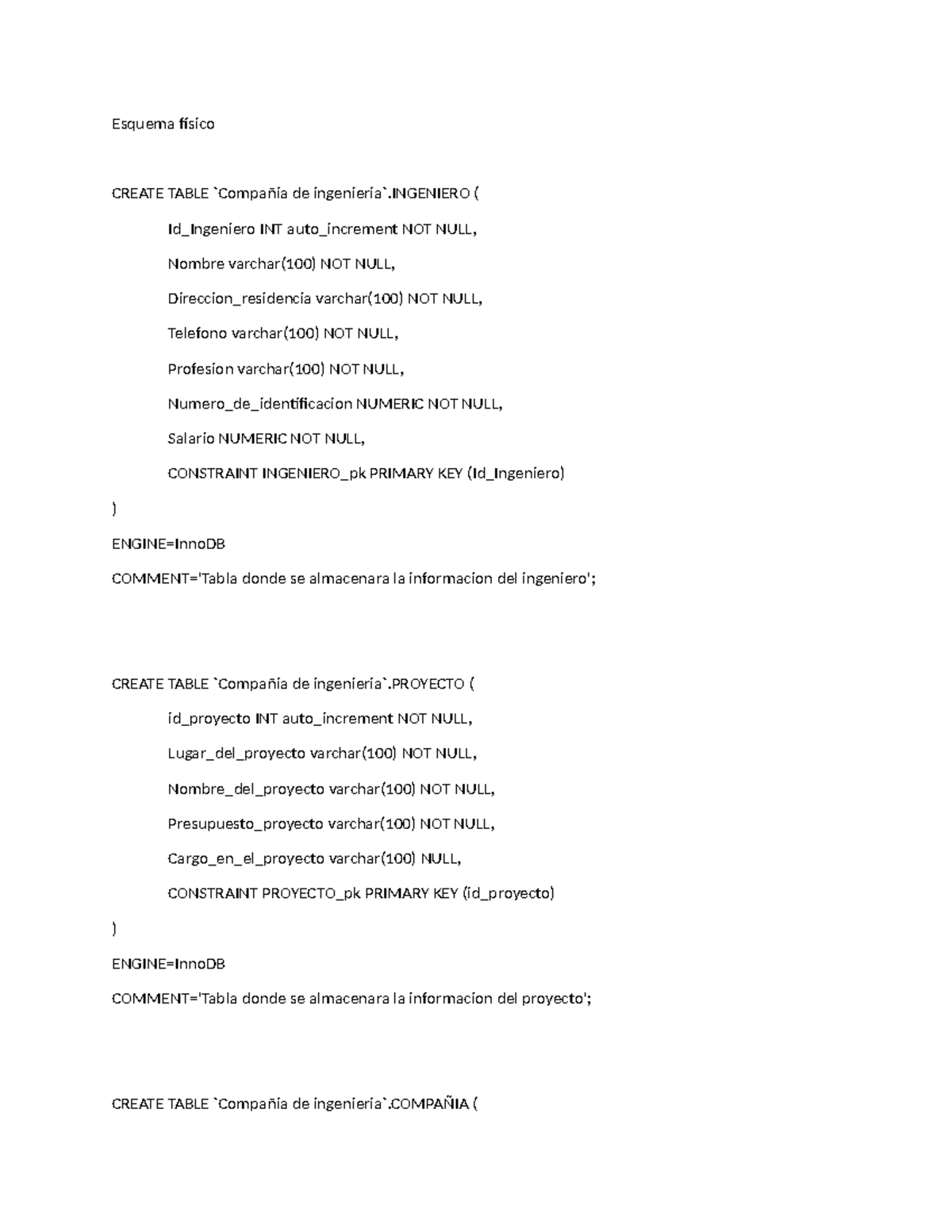 Esquema fisico - Esquema físico CREATE TABLE Compañia de ingenieria ...