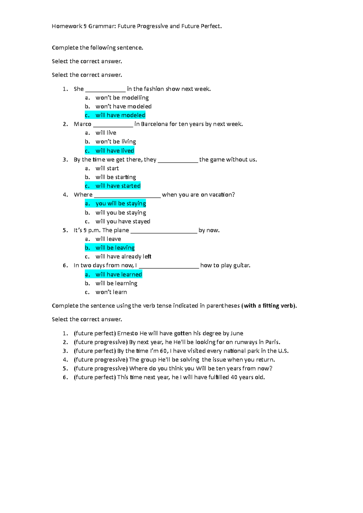 Copia de tarea 9 ingles - Homework 9 Grammar: Future Progressive and ...