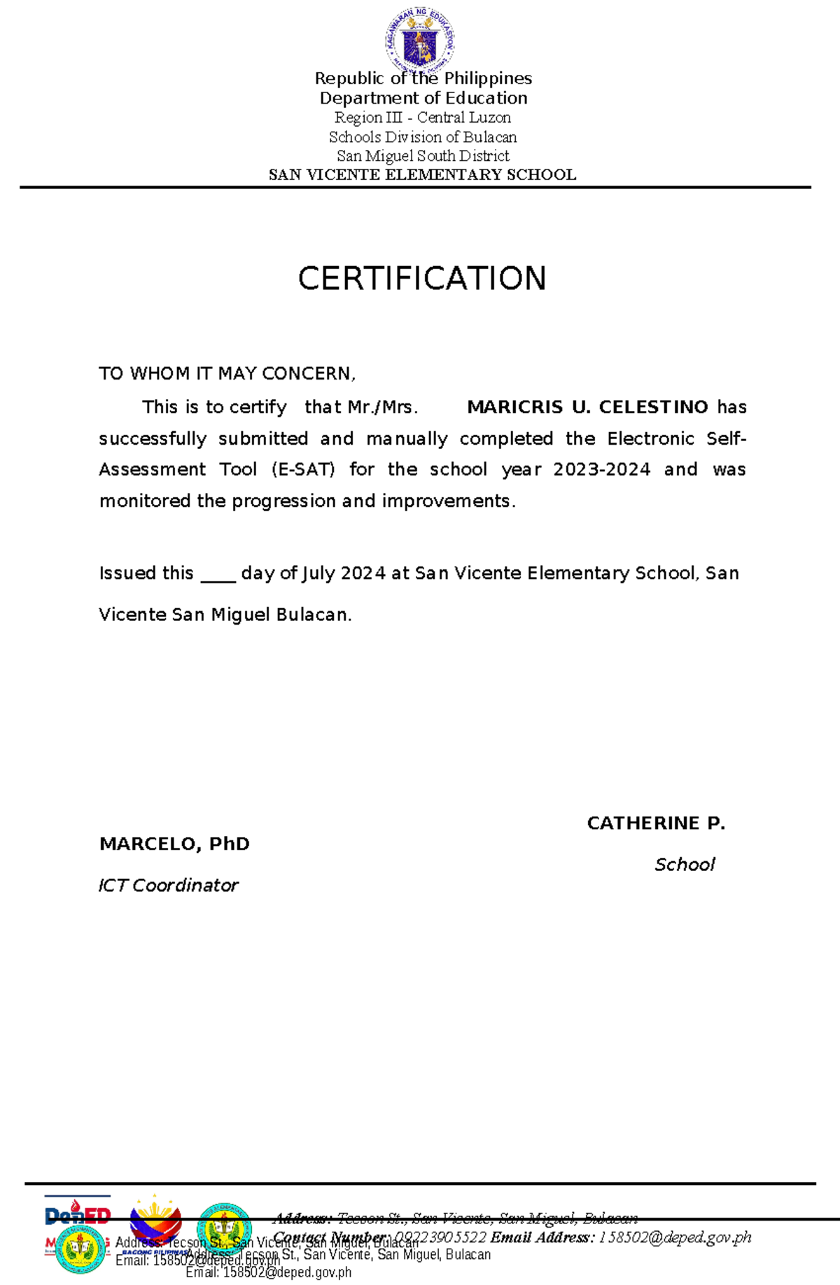Certificate OF E-SAT 2024 - Address: Tecson St., San Vicente, San ...