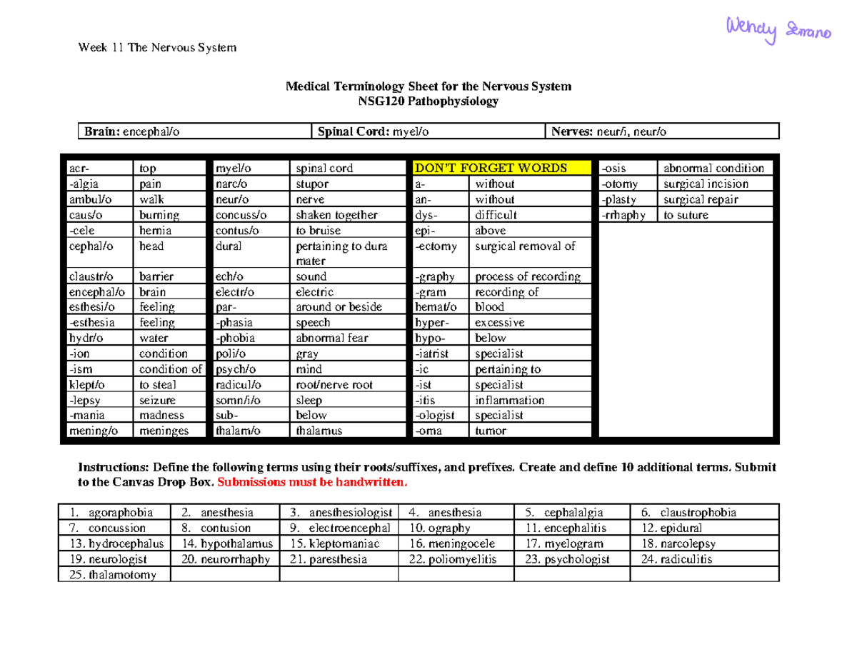 Module+11+Medical+Terminology+Sheet+for+Nervous+System+2022 - Week 11 ...