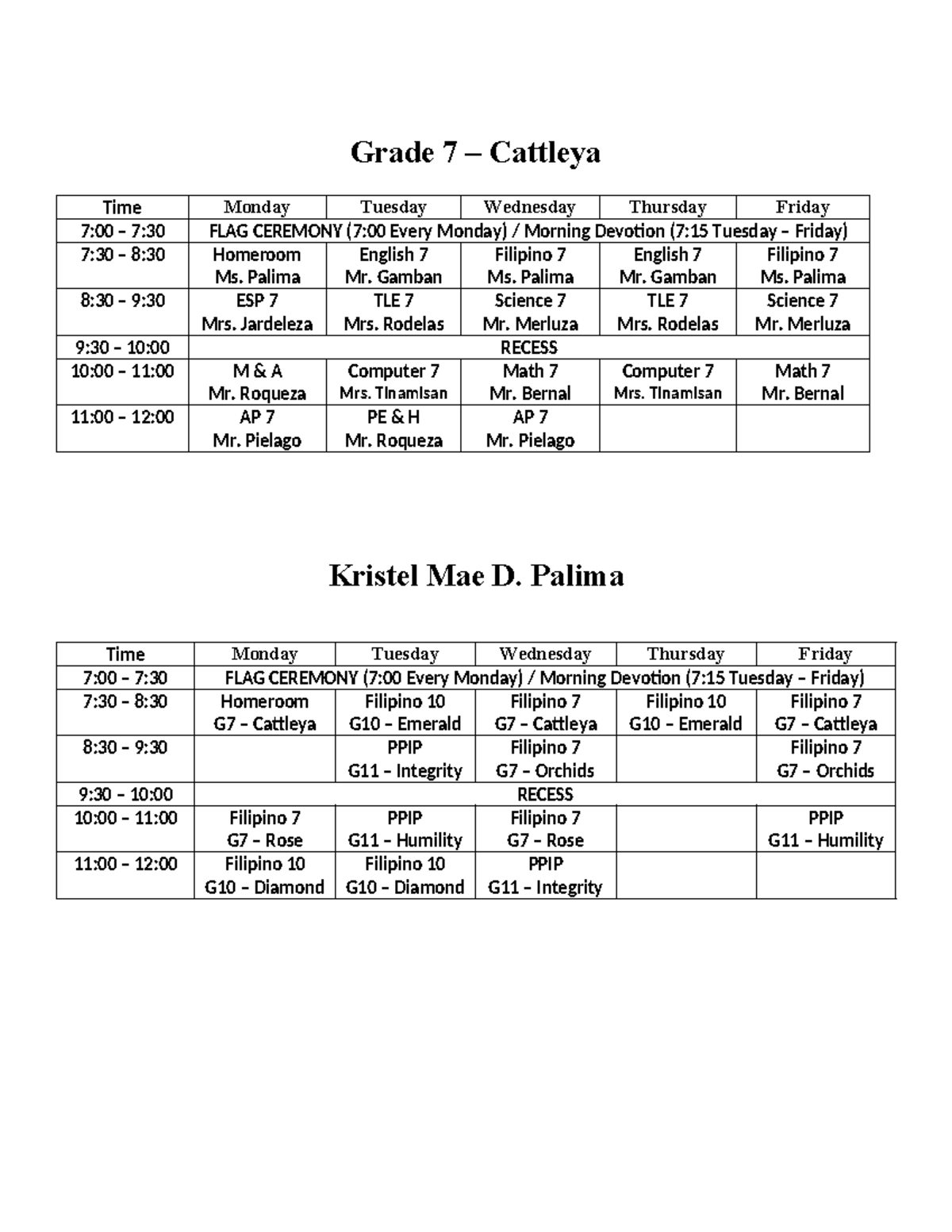 Sked for half day - sched - Grade 7 – Cattleya Time Monday Tuesday ...
