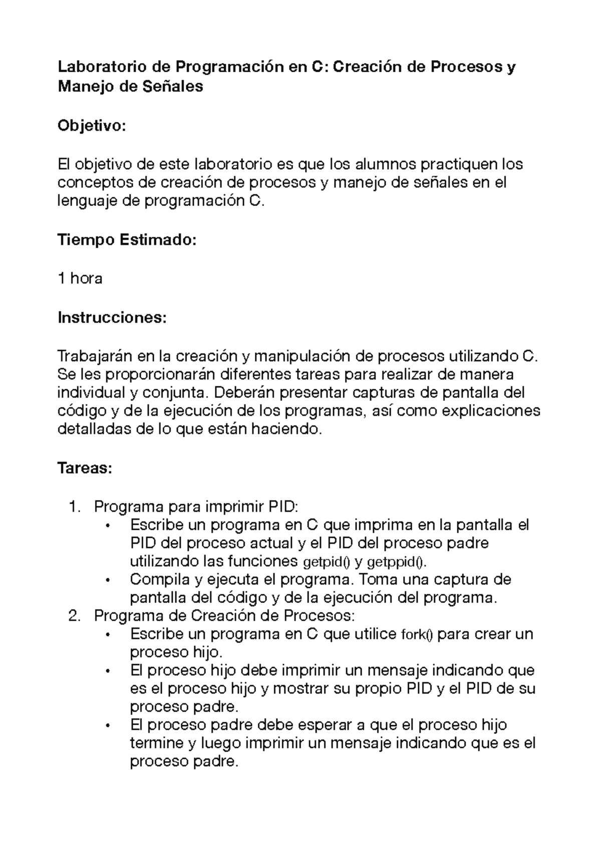 S03 s5 Laboratorio - Laboratorio de Programación en C: Creación de Procesos y Manejo de Señales ...
