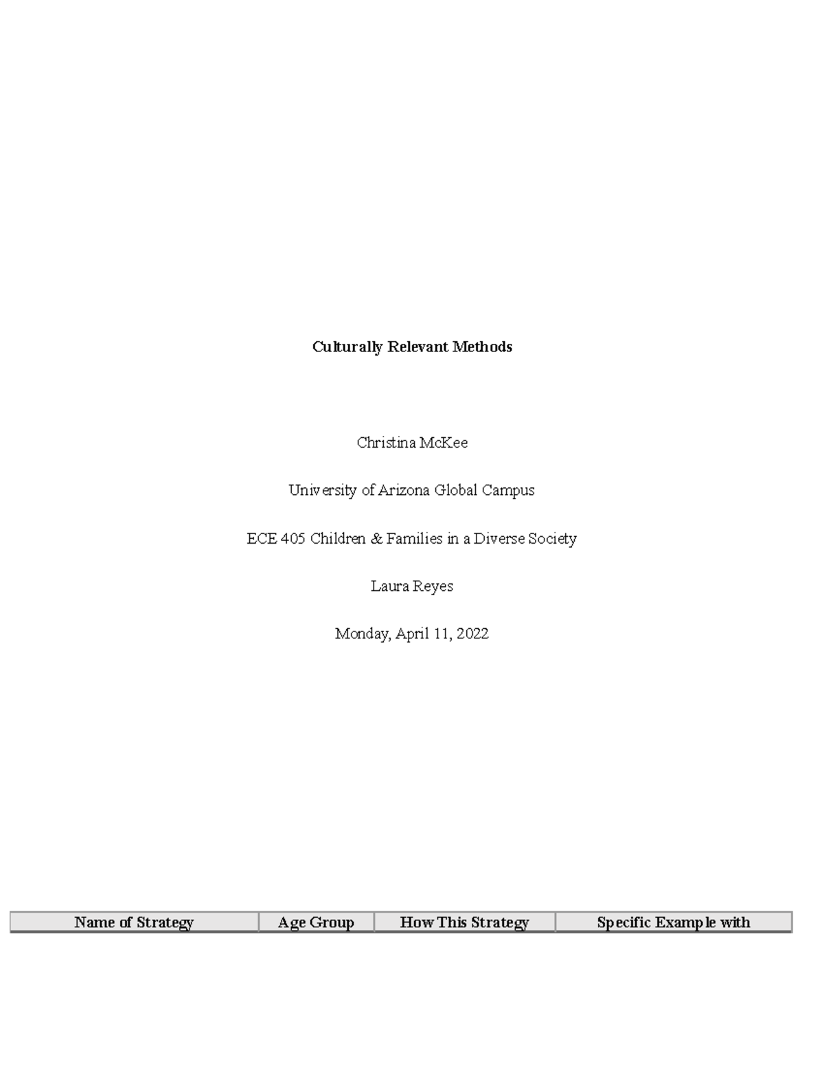 ECE 405 Week 1 Assignment - Culturally Relevant Methods.docx ...