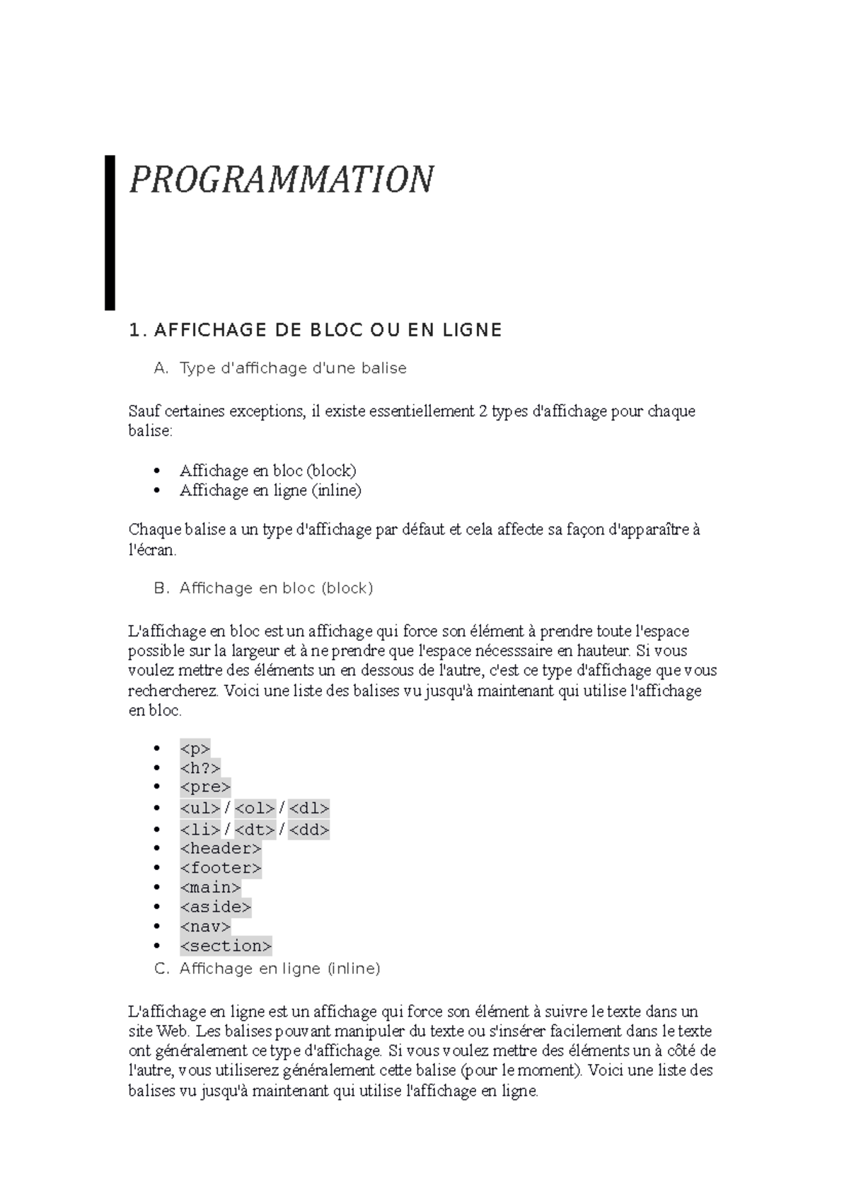 Programmation : Validation du HTML ET Affichage BLOC - PROGRAMMATION 1. AFFICHAGE DE BLOC OU EN ...