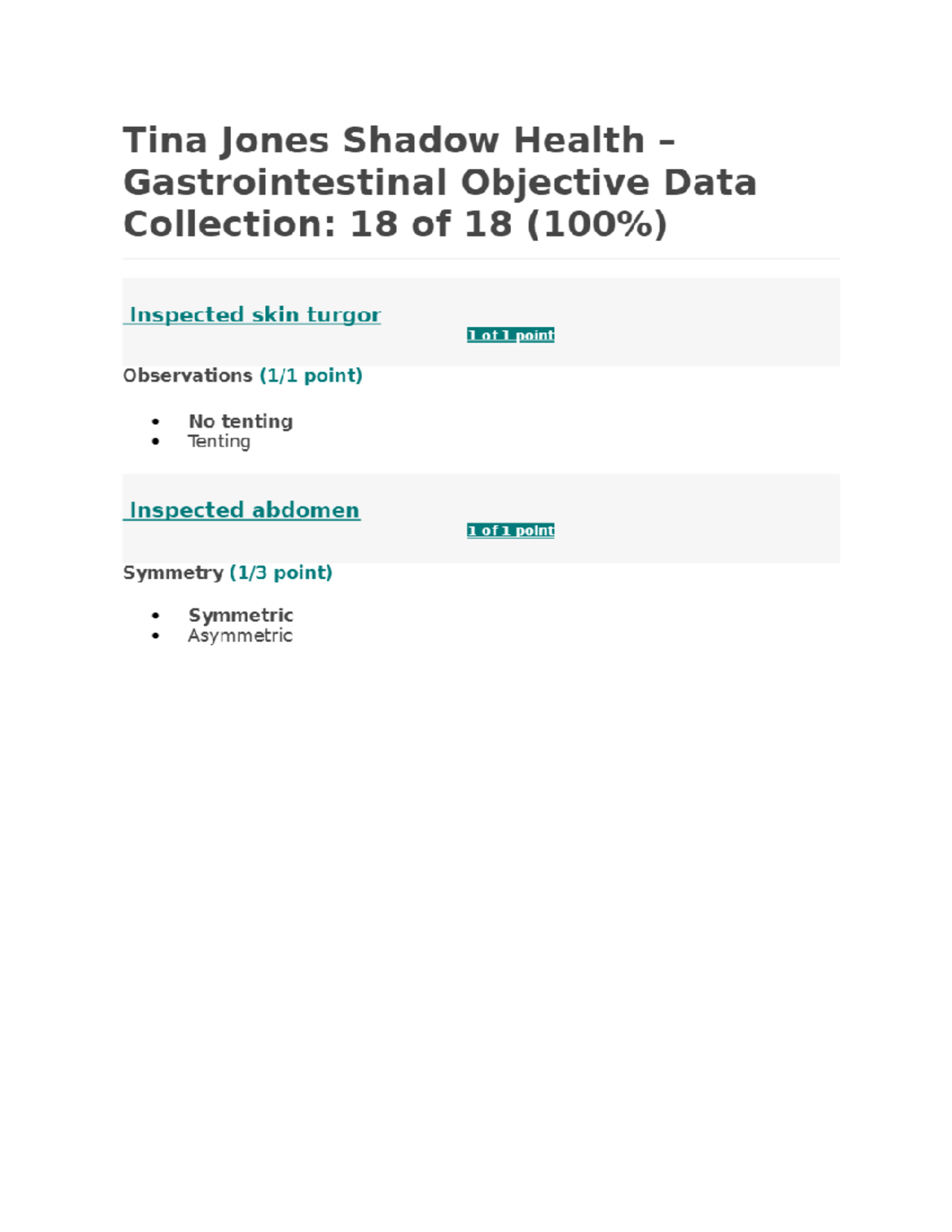 TIna Jones, GI, Objective Data - Tina Jones Shadow Health ...