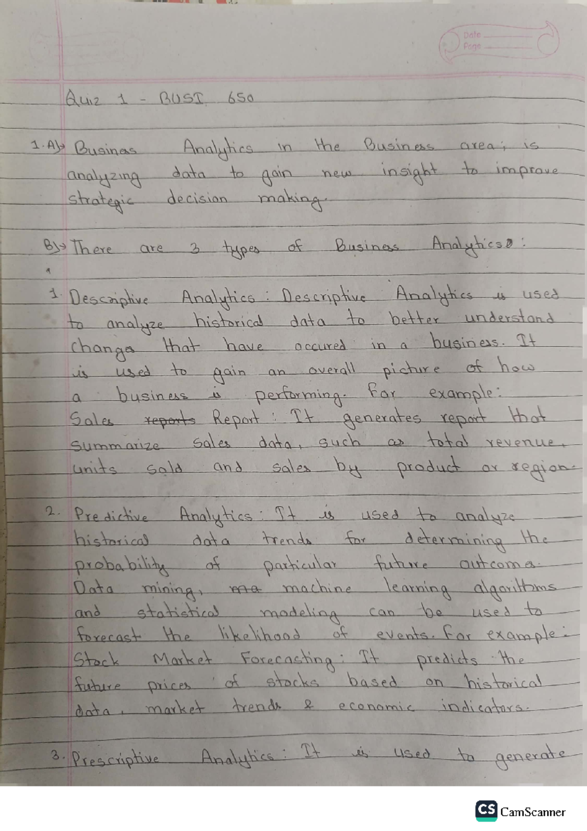 Business Analytics Quiz 1 - BUSI 650 - Studocu