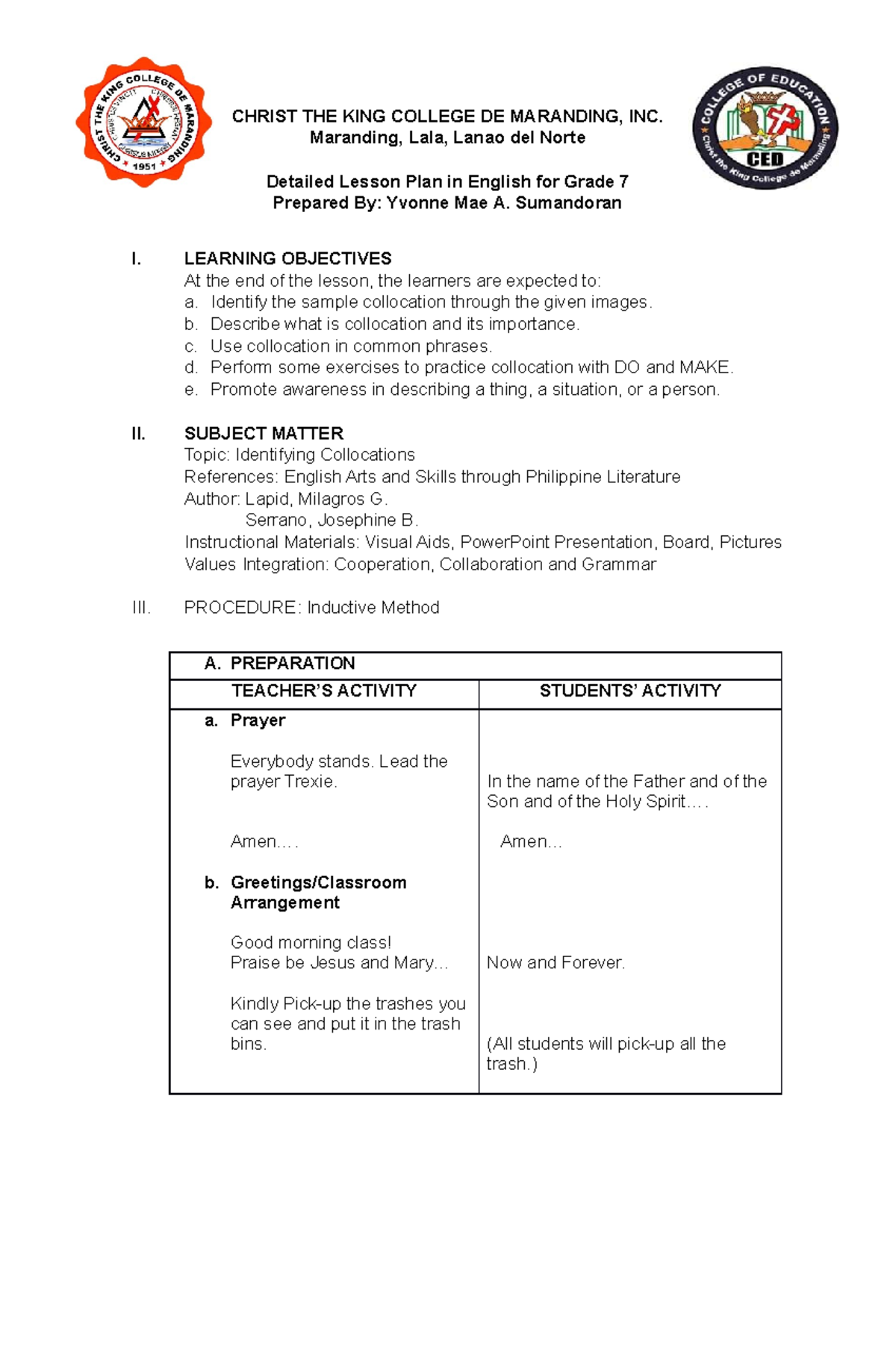 Lesson PLAN NI Kulot - CHRIST THE KING COLLEGE DE MARANDING, INC ...