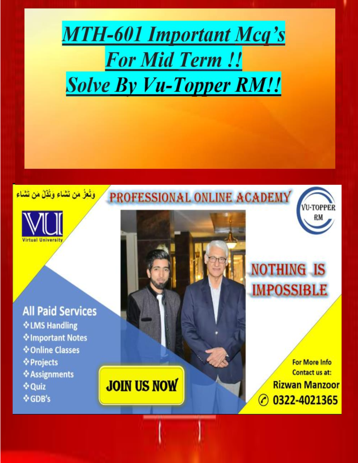 MTH601 Mcqs Mid Term By Vu Topper RM (hope they help) - The first step ...