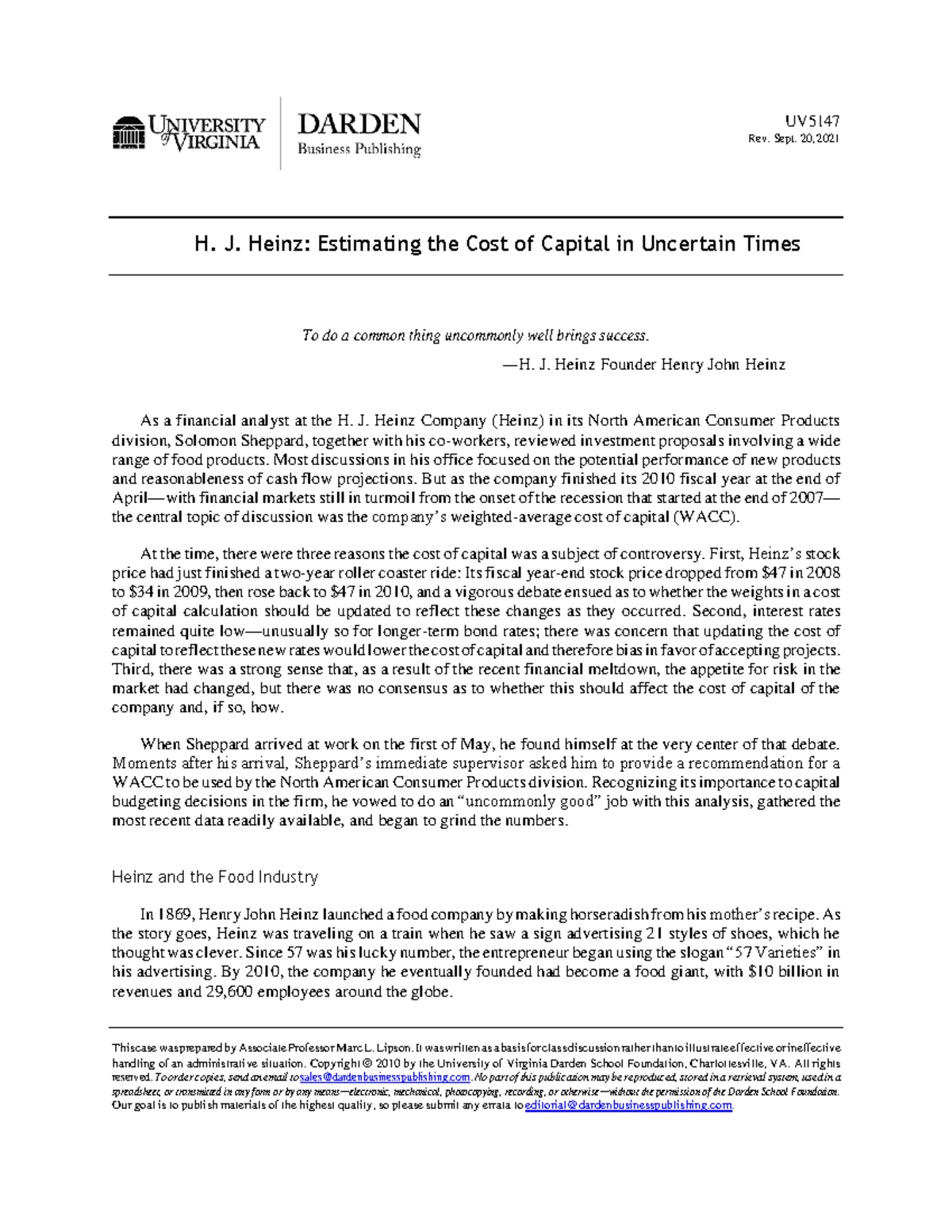 CASE Heinz Cost of Capital - UV Rev. Sept. 20, 2021 H. J. Heinz ...