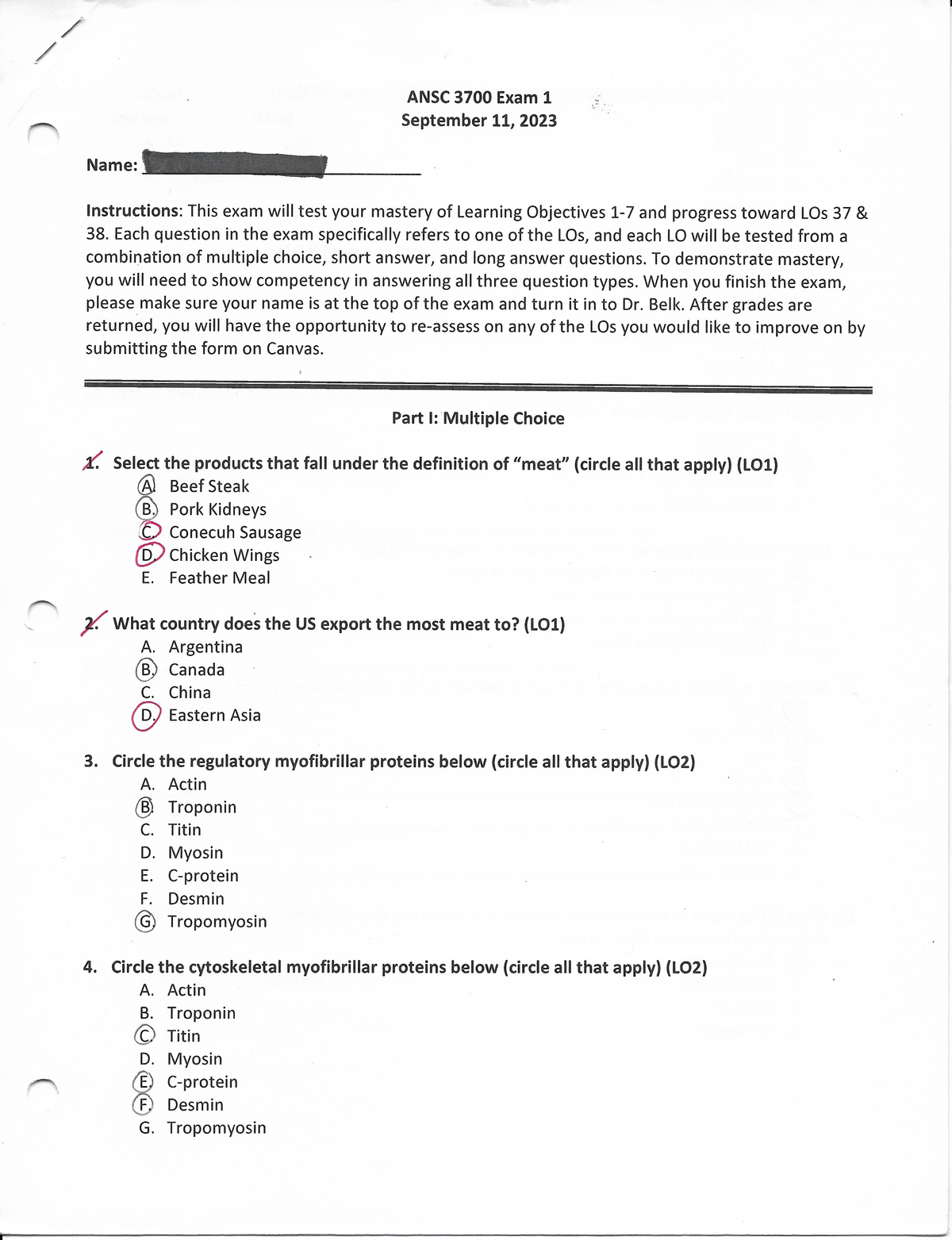 ANSC 3700 Exam 1 - ANSC 3700 : Muscle Foods - Exam 1 This document ...