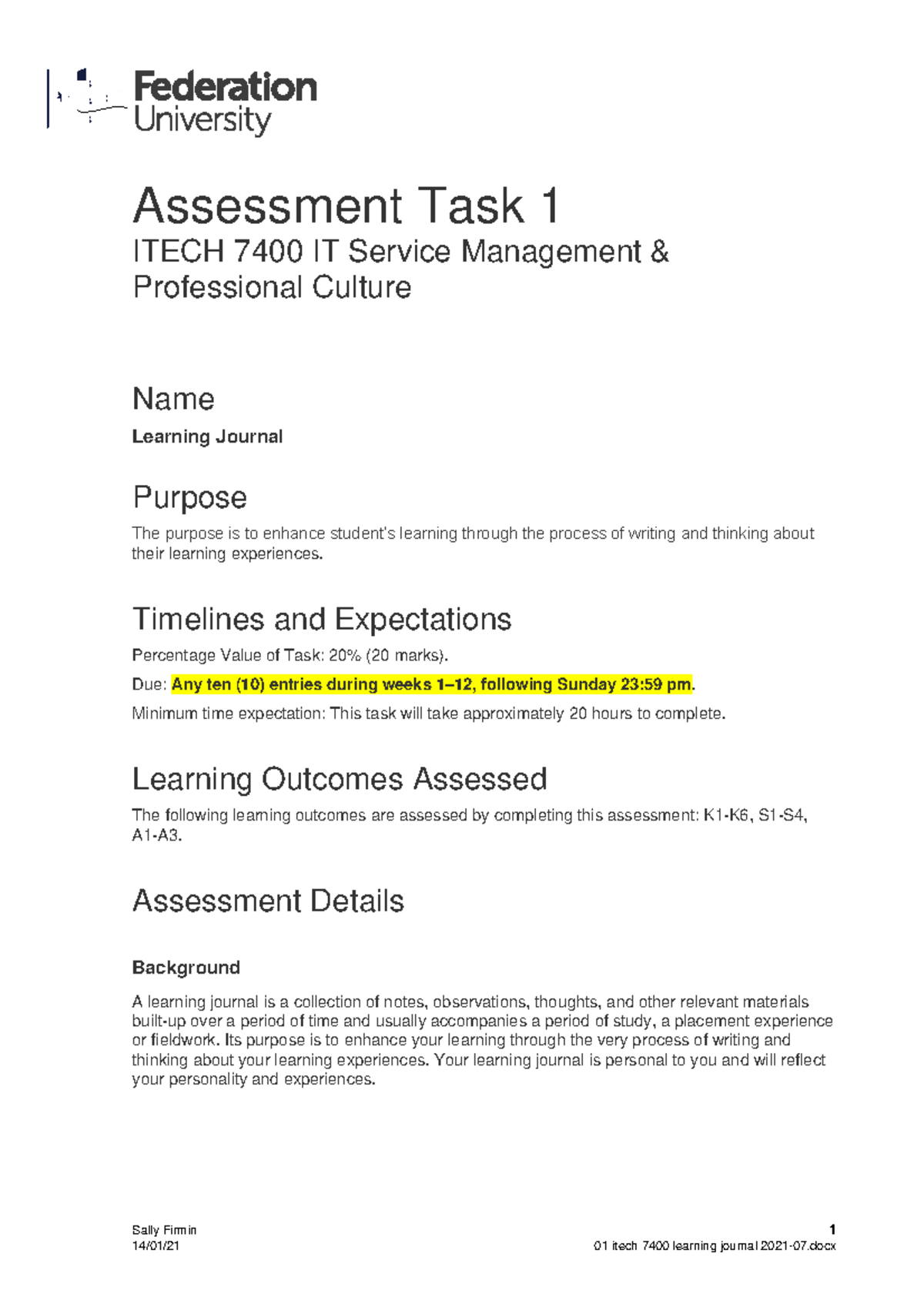 01 itech 7400 learning journal 2021-07 - Sally Firmin 1 14/01/21 01 itech 7400 learning journal ...