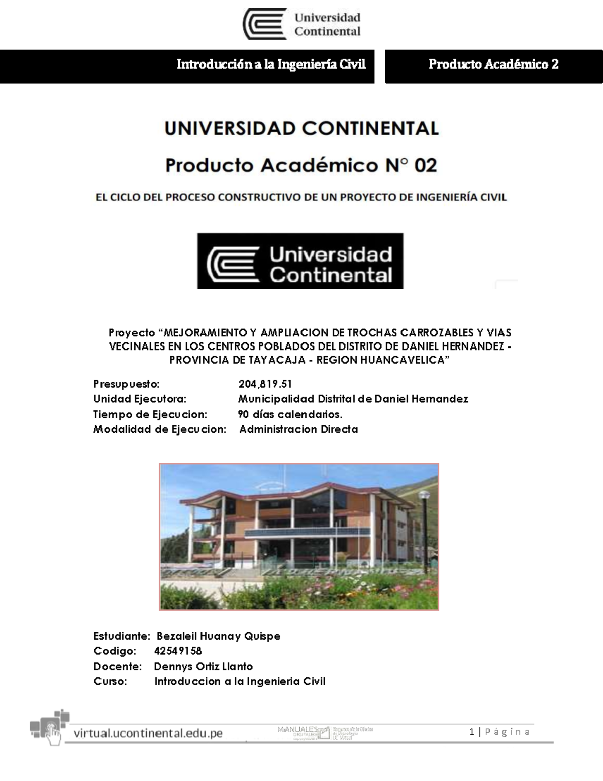 Producto académico N2 Introducc. ING. Civil-[Entregable] - Estudiante: Bezaleil Huanay Quispe ...