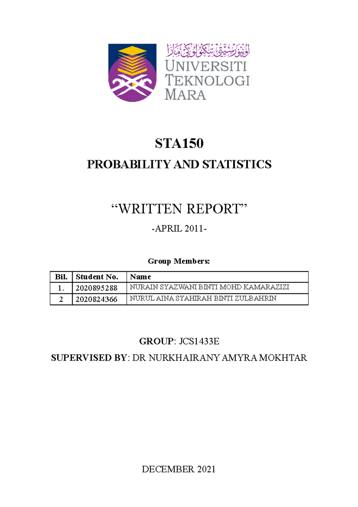 Written Report Group 4 - rgrewh5trhfghrd - STA PROBABILITY AND ...