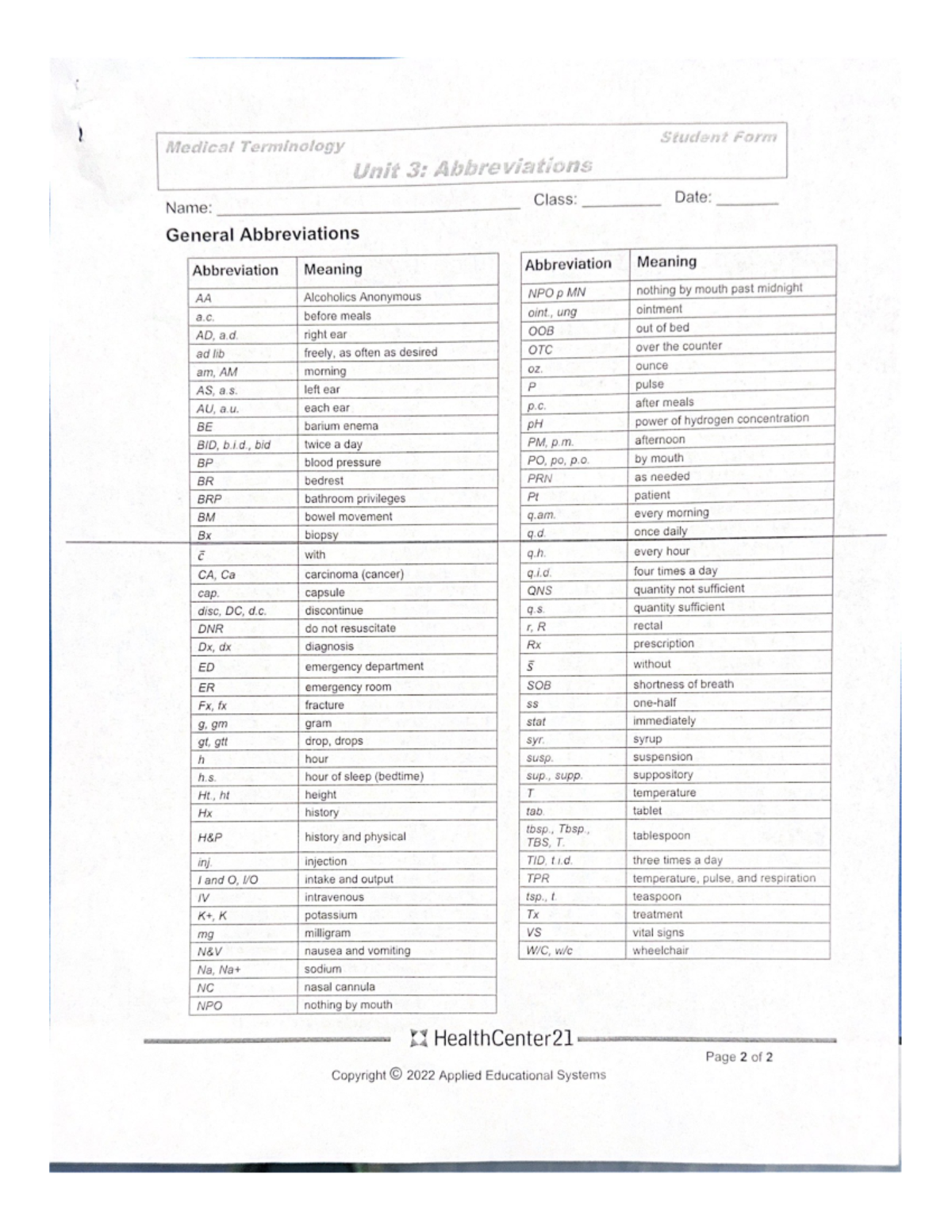 Unit 3 Abbreviations - study guide - Student Form Medical Terminology ...