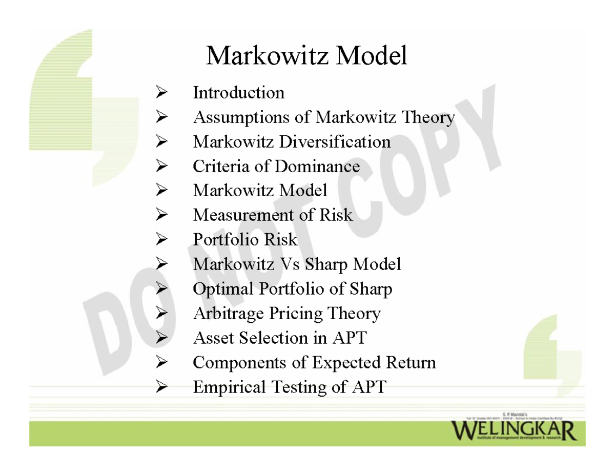 Chapter 06 - Summary - Portfolio Selection - Markowitz Model ¾ ...