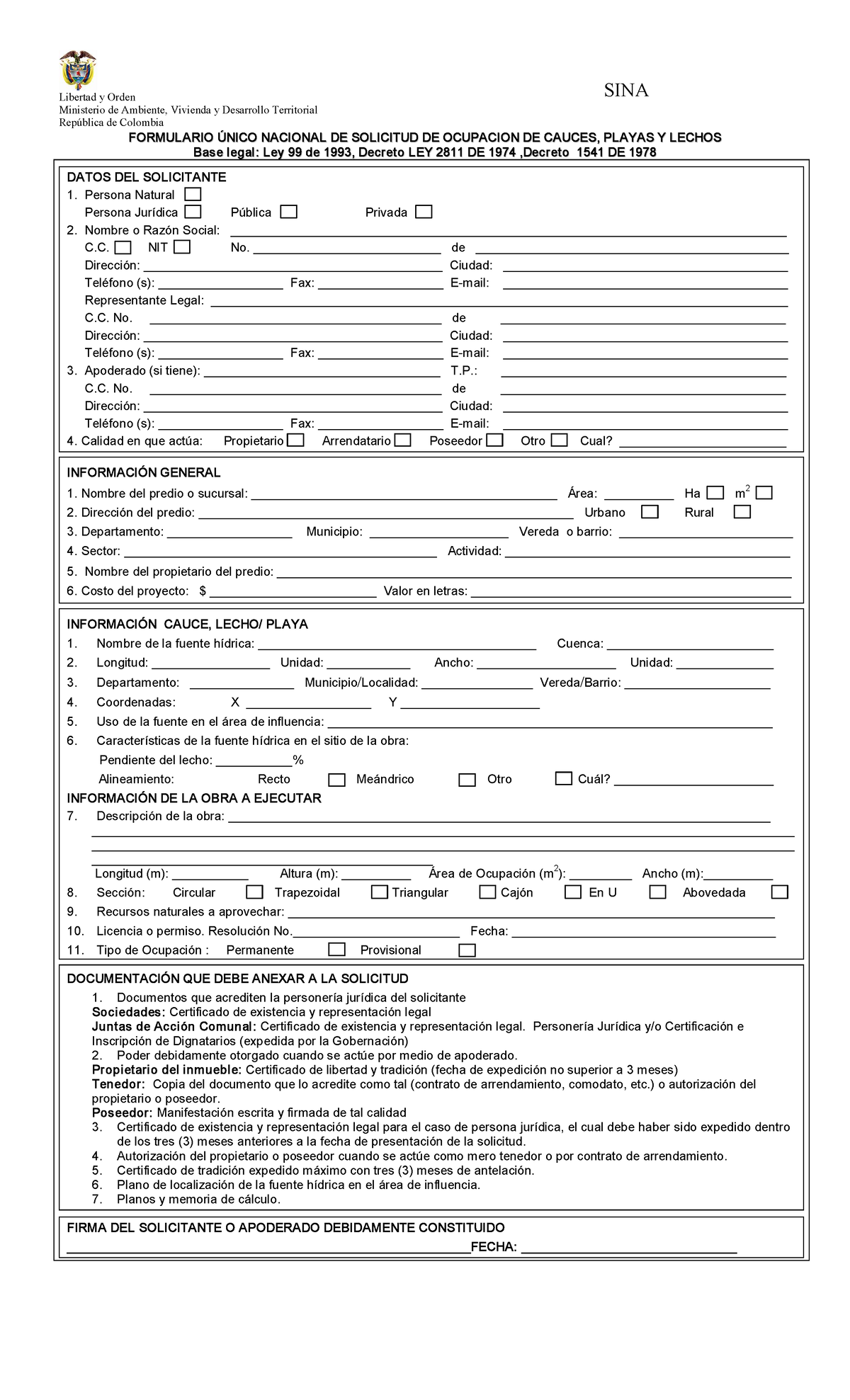 Formulario Ocupación DE Cauce - Libertad y Orden Ministerio de Ambiente ...