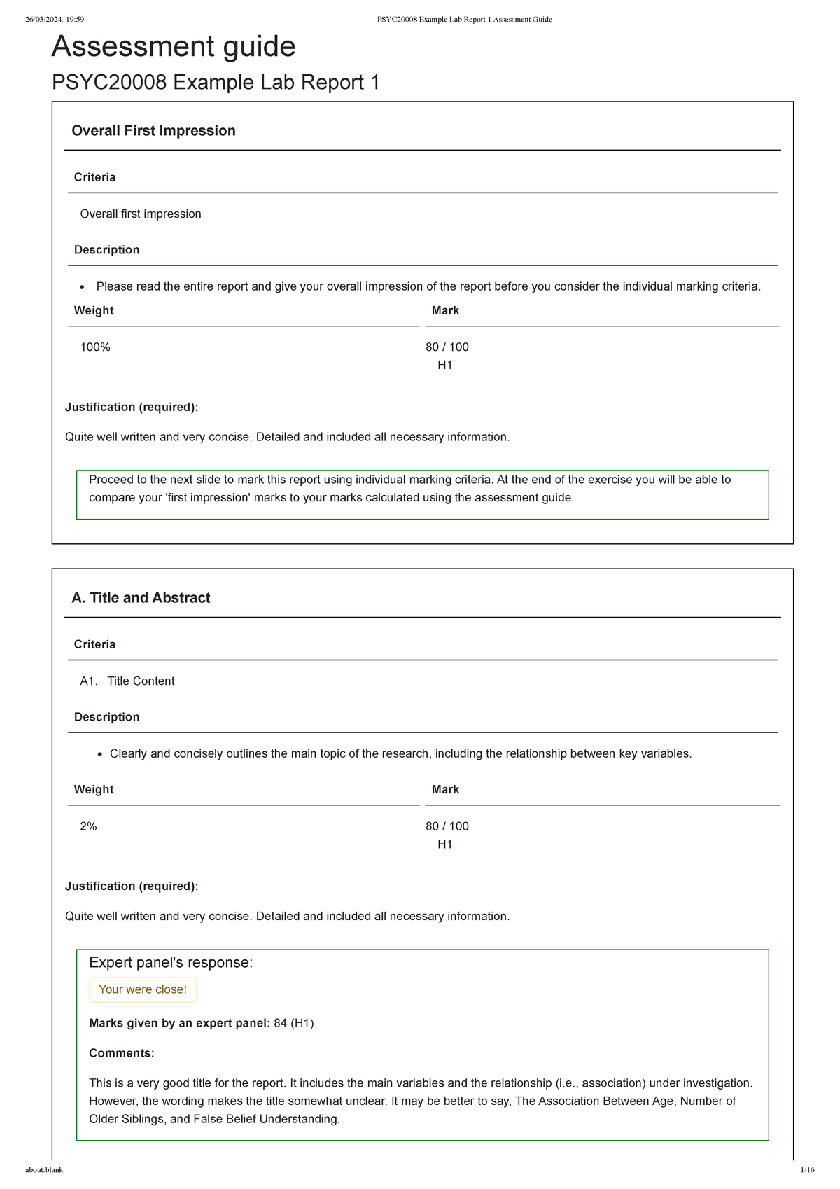 LR1 - Assessment guide PSYC20008 Example Lab Report 1 Overall First Impression Proceed to the ...
