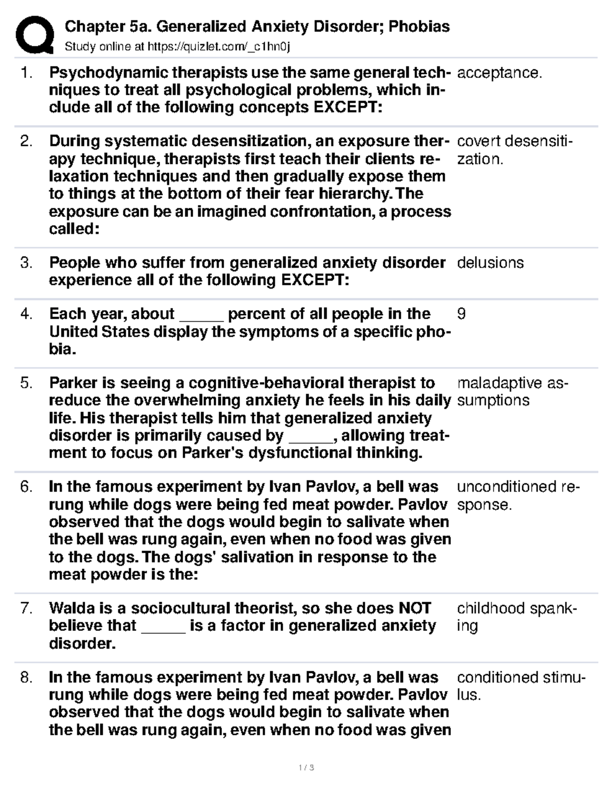 Chapter 5a. Generalized Anxiety Disorder Phobias - Chapter 5a ...