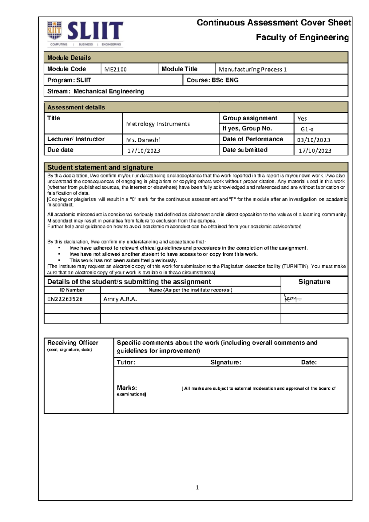 Metrology - Continuous Assessment Cover Sheet Faculty of Engineering ...