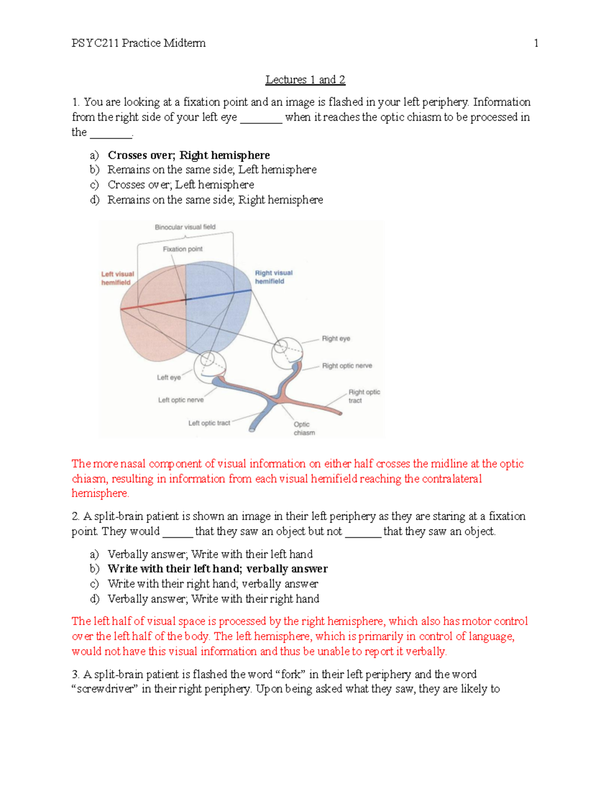 PSYC211 Practice Midterm 1 Answers - Copy - Lectures 1 and 2 You are looking at a fixation point ...