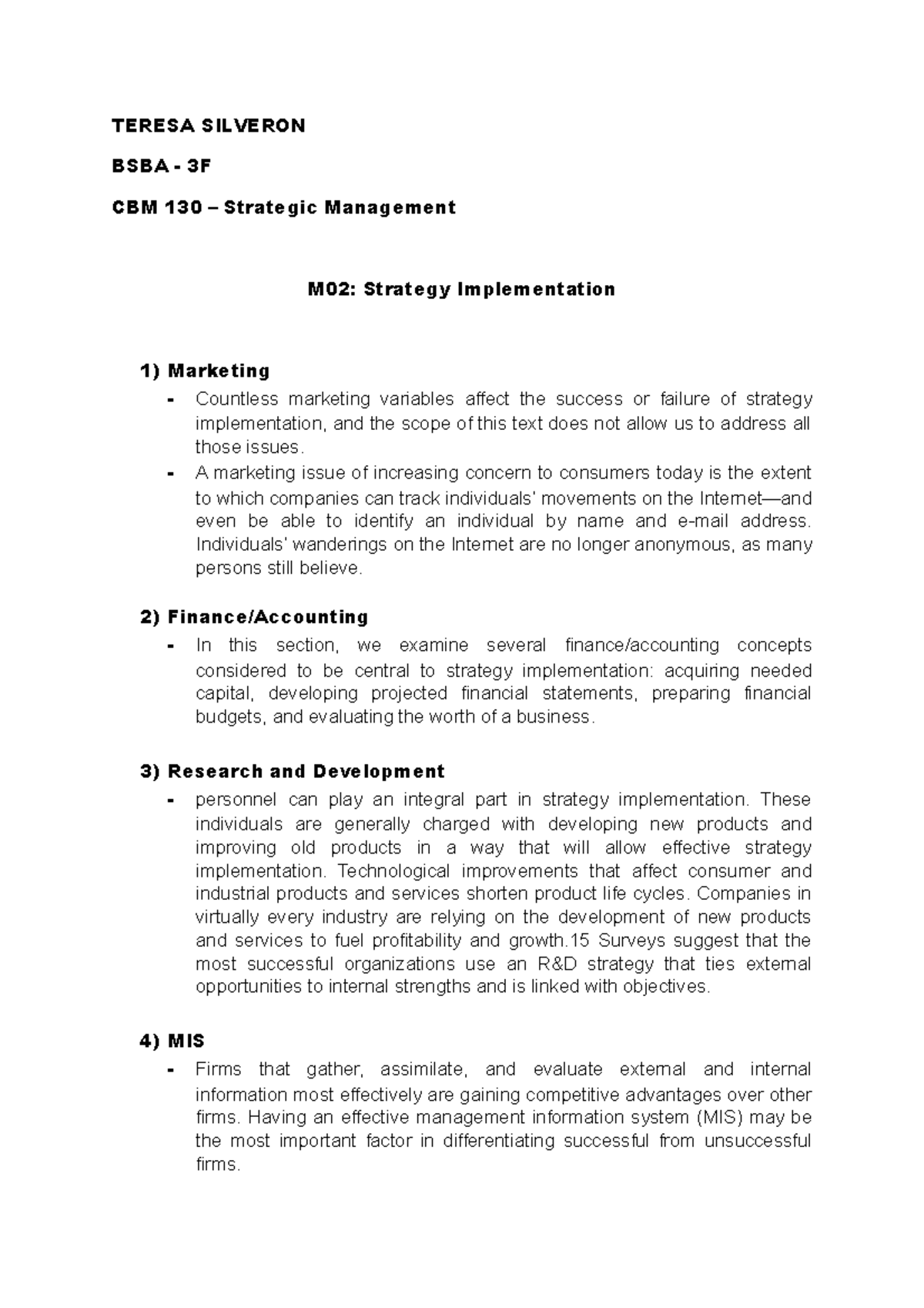 Strategy Implementation - TERESA SILVERON BSBA - 3F CBM 130 – Strategic ...