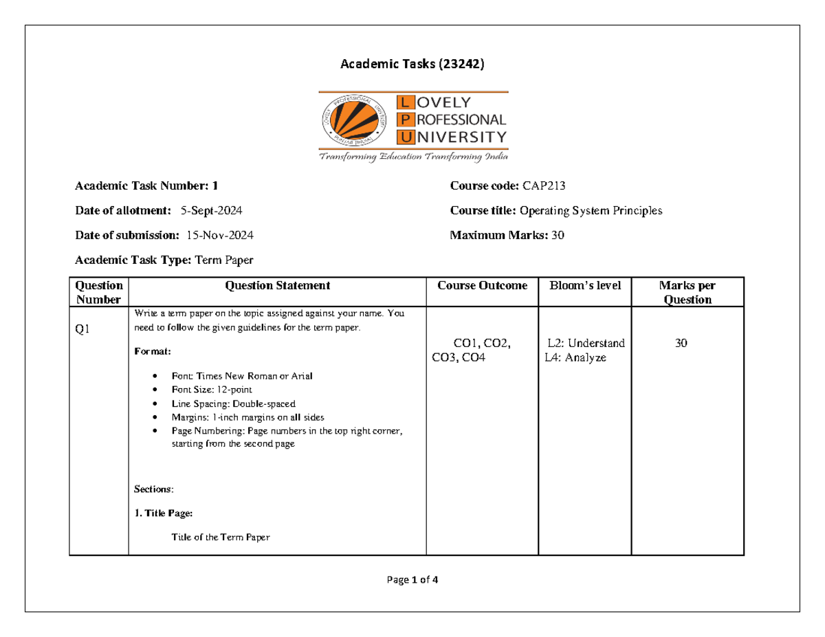 Term Paper - Academic Task Number: 1 Course code: CAP 213 Date of ...