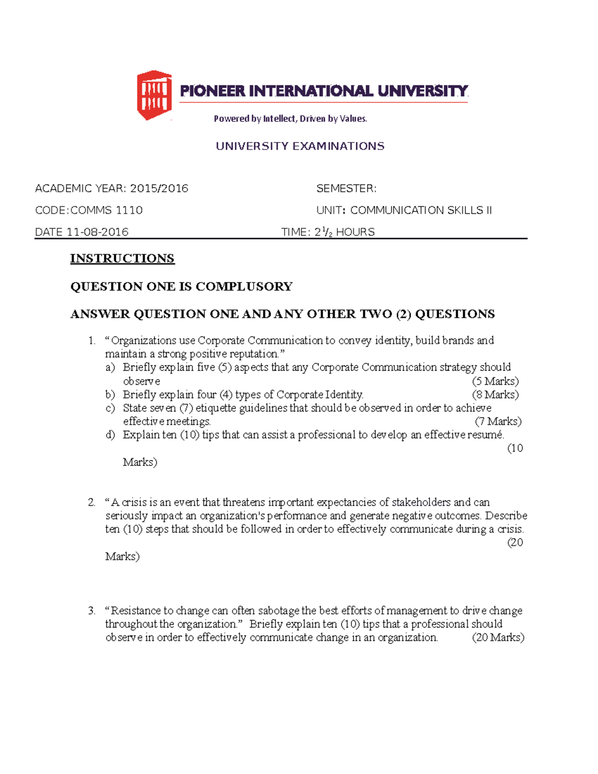 Comm Skills 2 Exam - Lecture notes 1 - UNIVERSITY EXAMINATIONS ACADEMIC ...