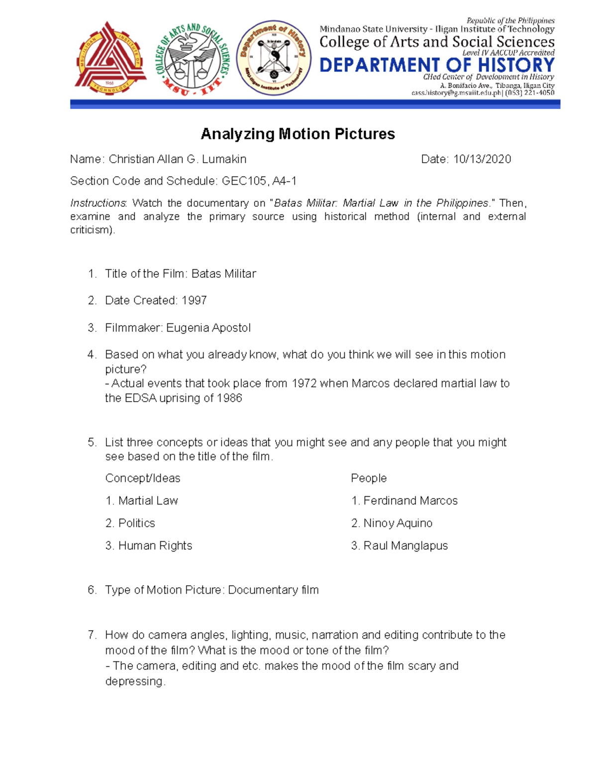 Analyzing Motion Pictures Worksheet - Analyzing Motion Pictures Name ...