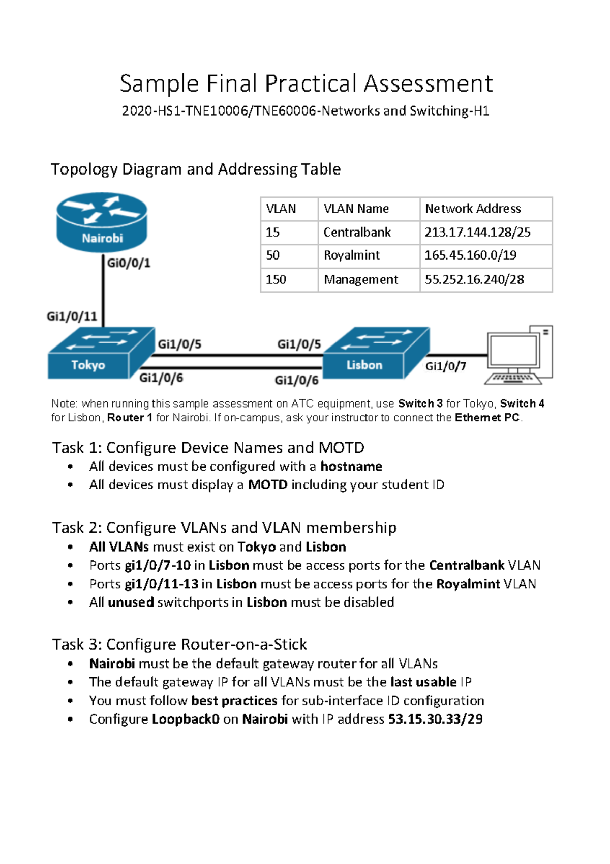 Sample Final Practical Assessment - Topology Diagram and Addressing Table VLAN VLAN Name Network ...