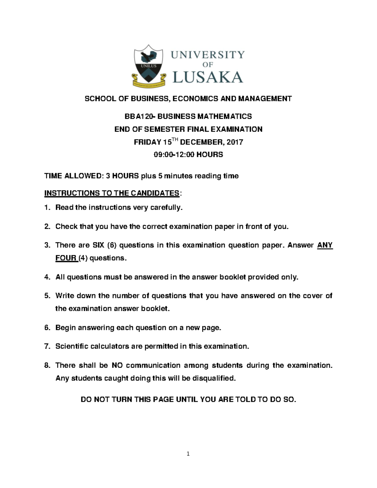 BBA120 2015 semester 2 Final exam - SCHOOL OF BUSINESS, ECONOMICS AND ...