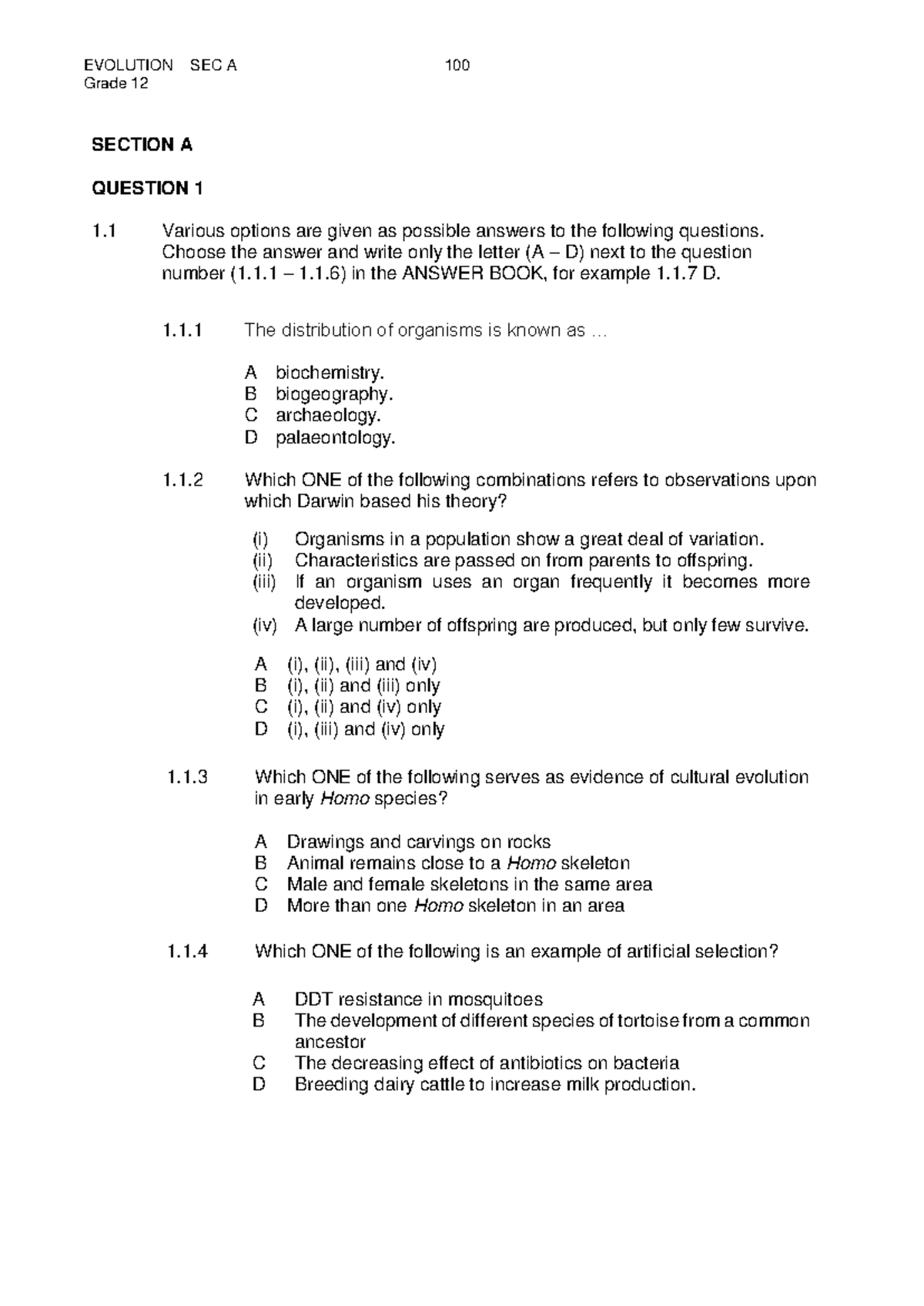 9-Gr12 Evolution Sect A - Grade 12 SECTION A QUESTION 1 1 Various ...