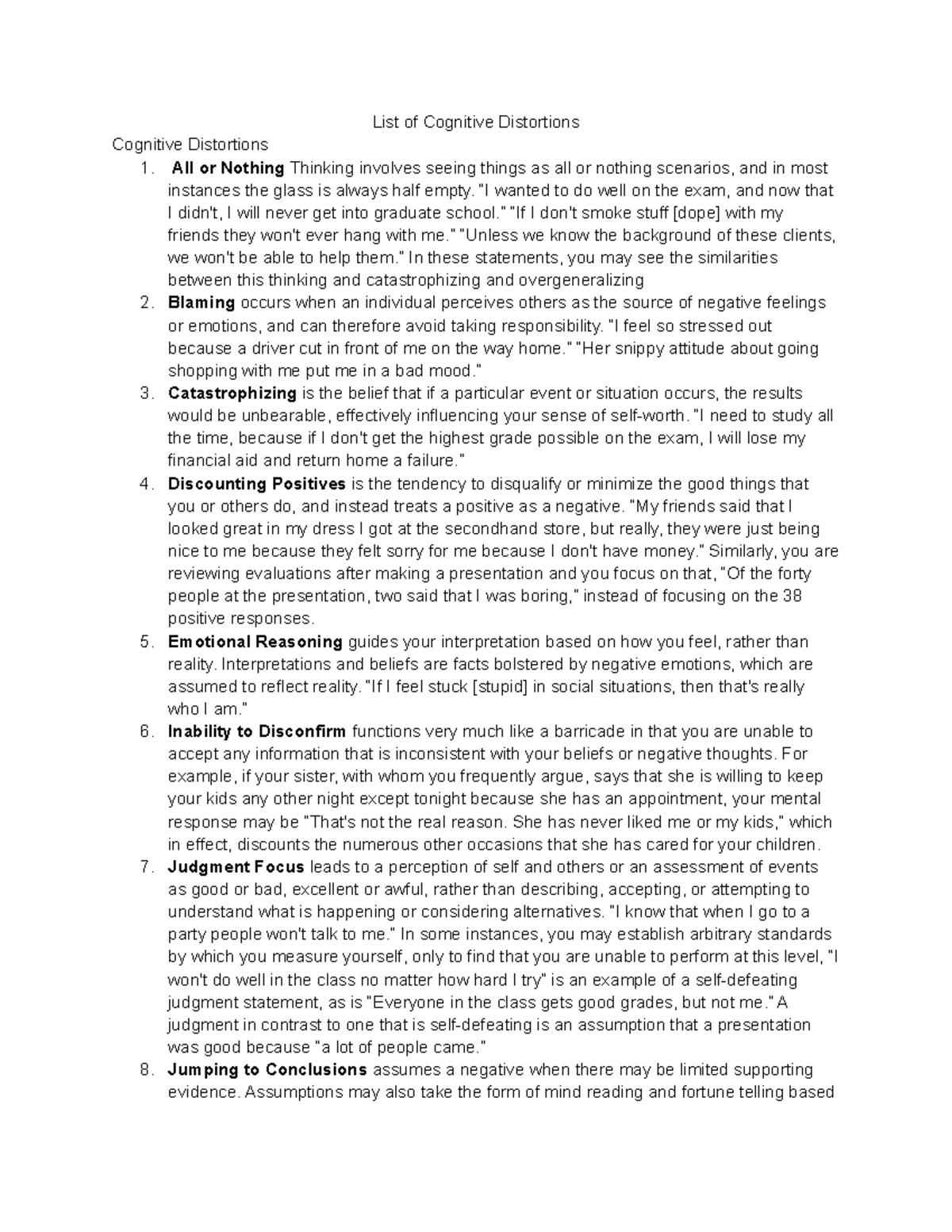List of Cognitive Distortions - List of Cognitive Distortions Cognitive ...