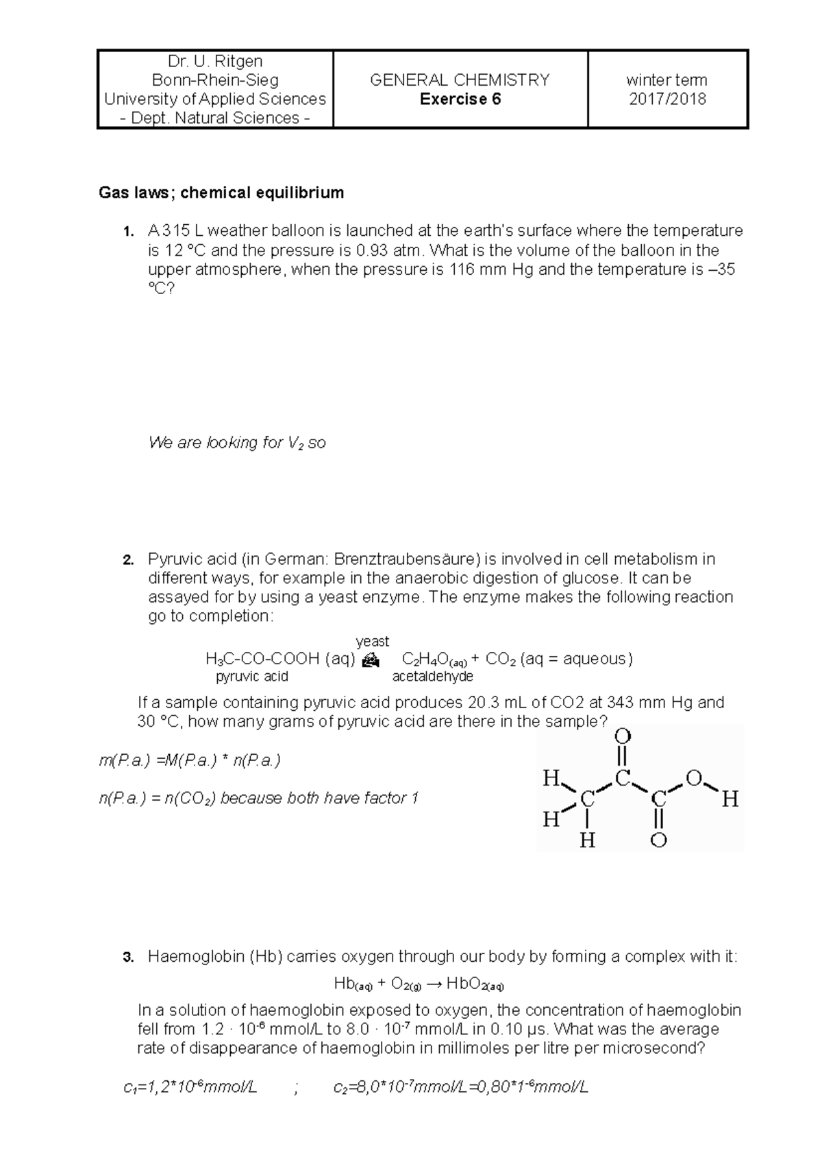 General Chemistry Exercise 06 bearbeitet - Dr. U. Ritgen Bonn-Rhein ...