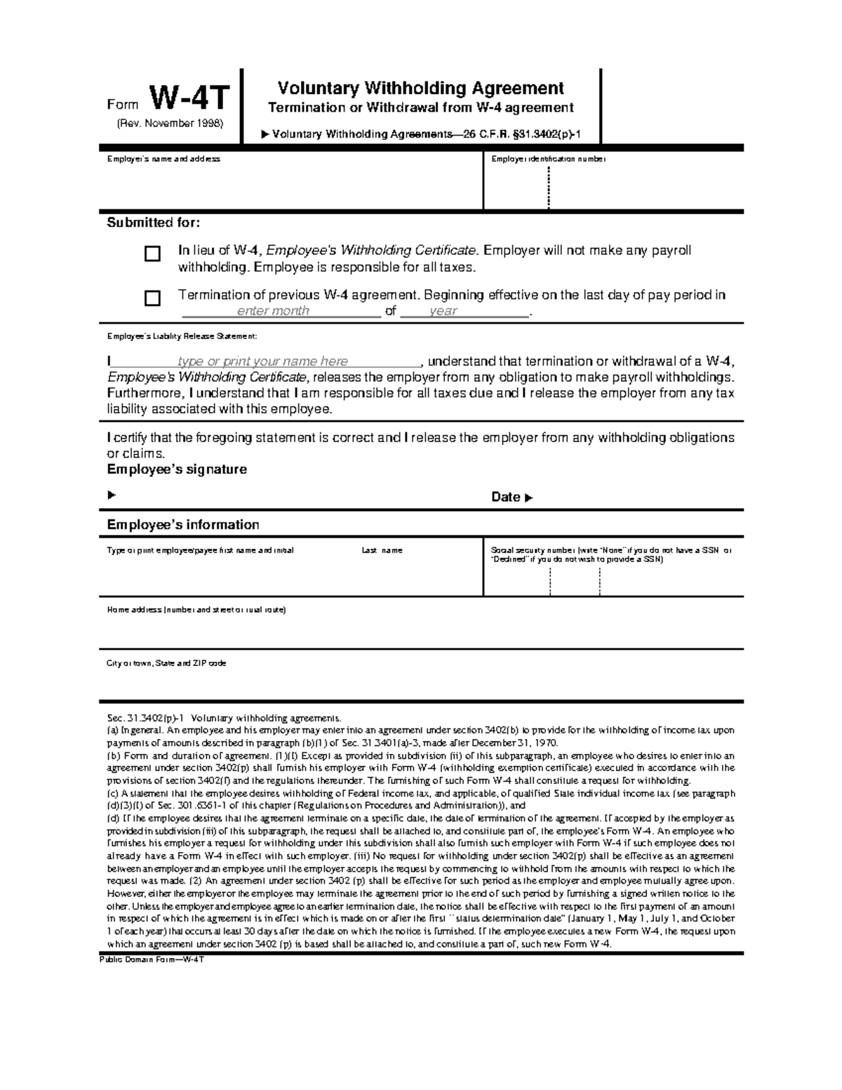 W-4T Voluntary Withholding Agreement - Form W-4T (Rev. November 1998 ...