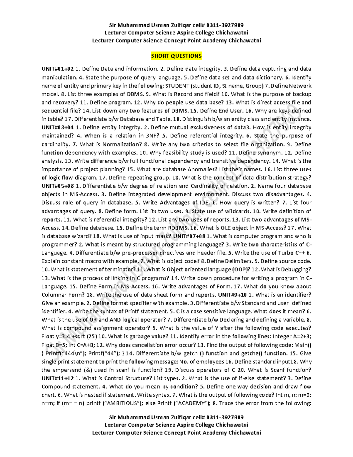 Imp - outlines and other - Sir Muhammad Usman Zulfiqar cell# 0311 ...